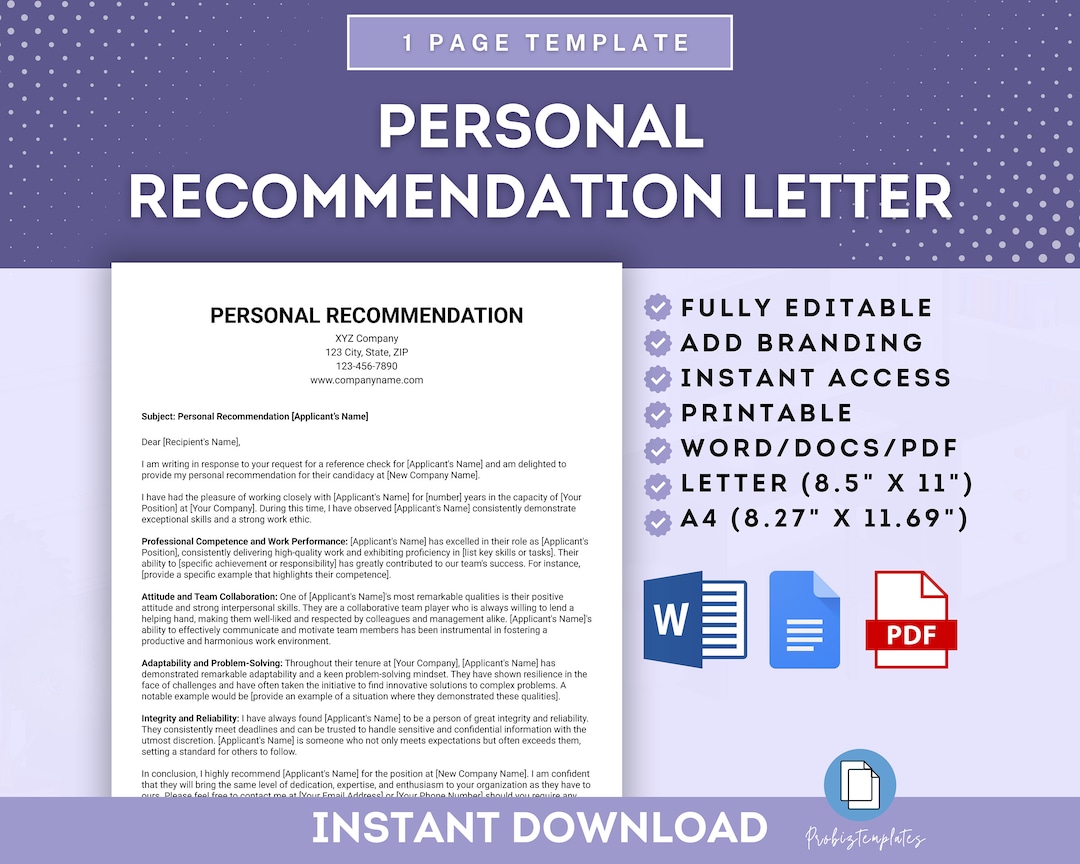 Personal Recommendation Letter Template, Character Reference Letter ...