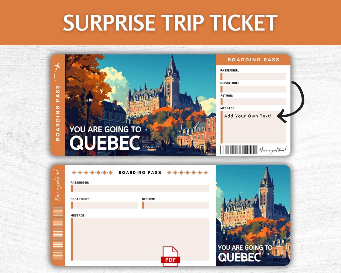 Printable Quebec Surprise Gift Ticket, Editable Canada Vacation ...
