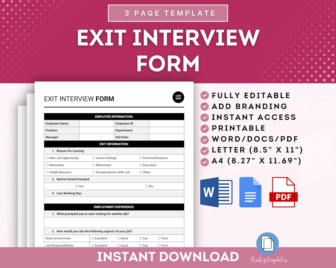 Exit Interview Form Template, Employee Exit Survey, Exit Questionnaire ...