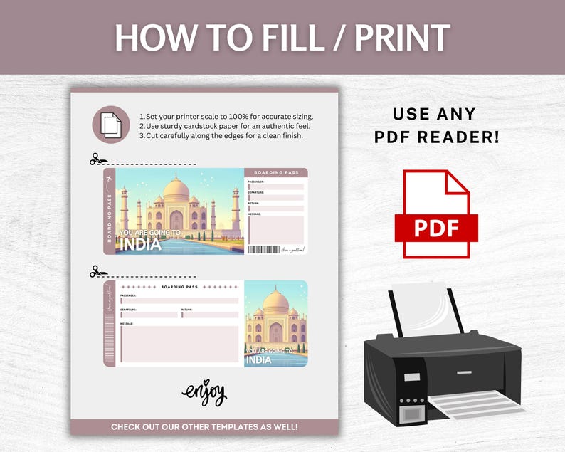 Printable India Surprise Gift Ticket, Editable New Delhi Vacation ...
