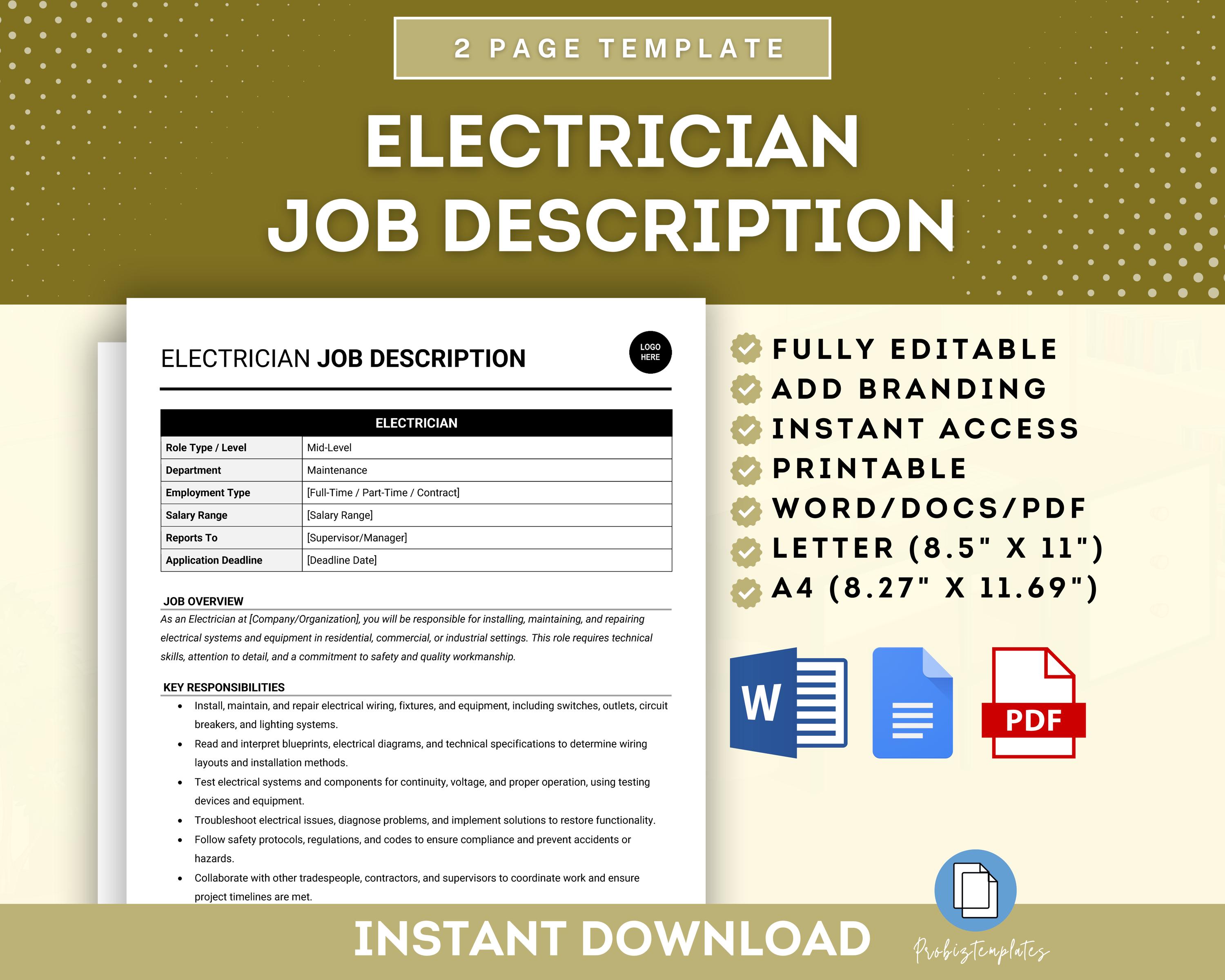 Electrician Job Description Template, Licensed Electrician Job ...