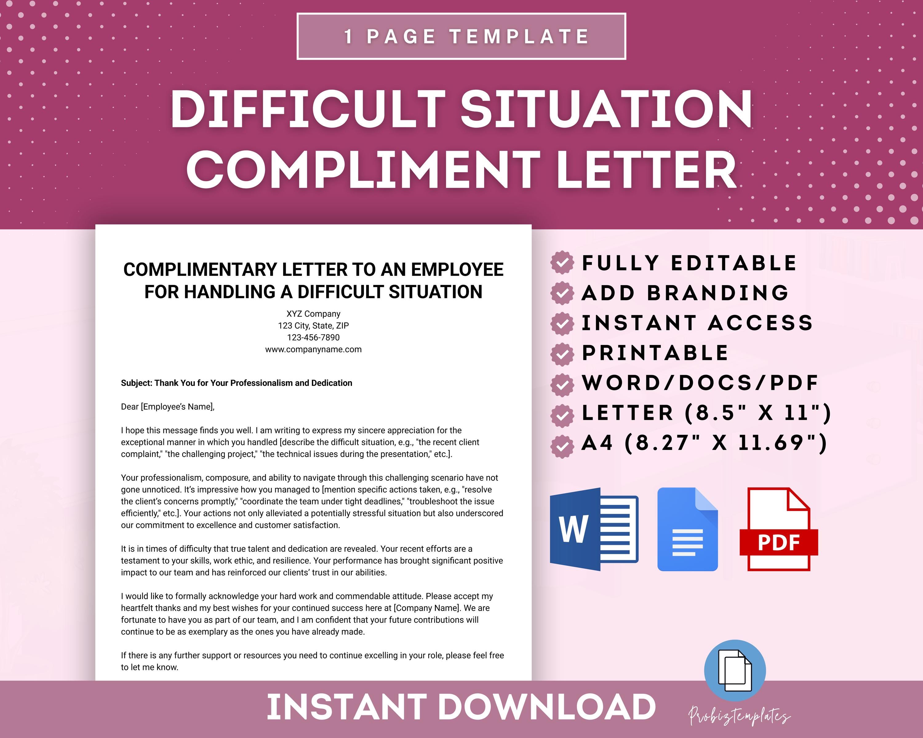 Employee Difficult Situation Compliment Letter Template, Employee ...