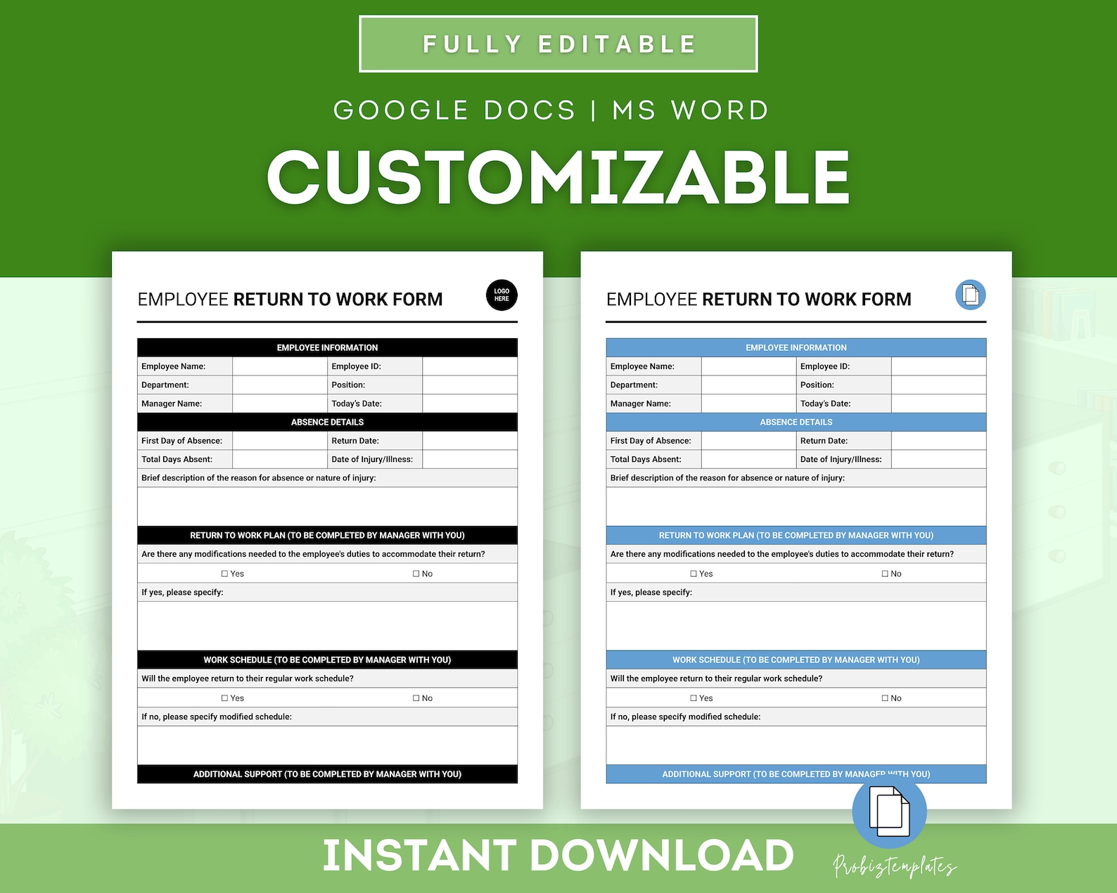 Employee Return to Work Form Template, Back-to-work Form, Return-to-duty Form, Return-to-office ...