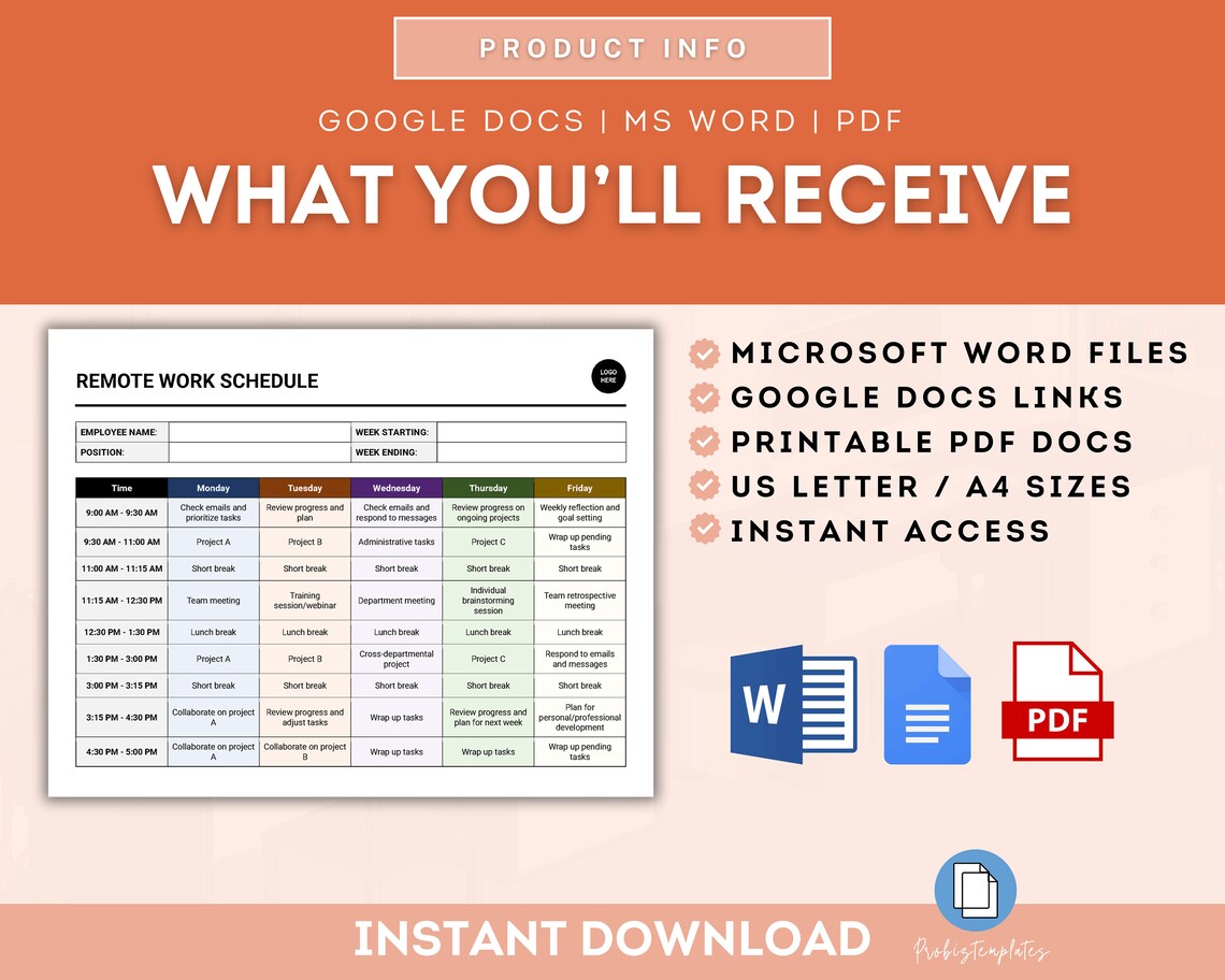 Remote Work Schedule Template, Virtual Work Timetable, Telecommuting ...