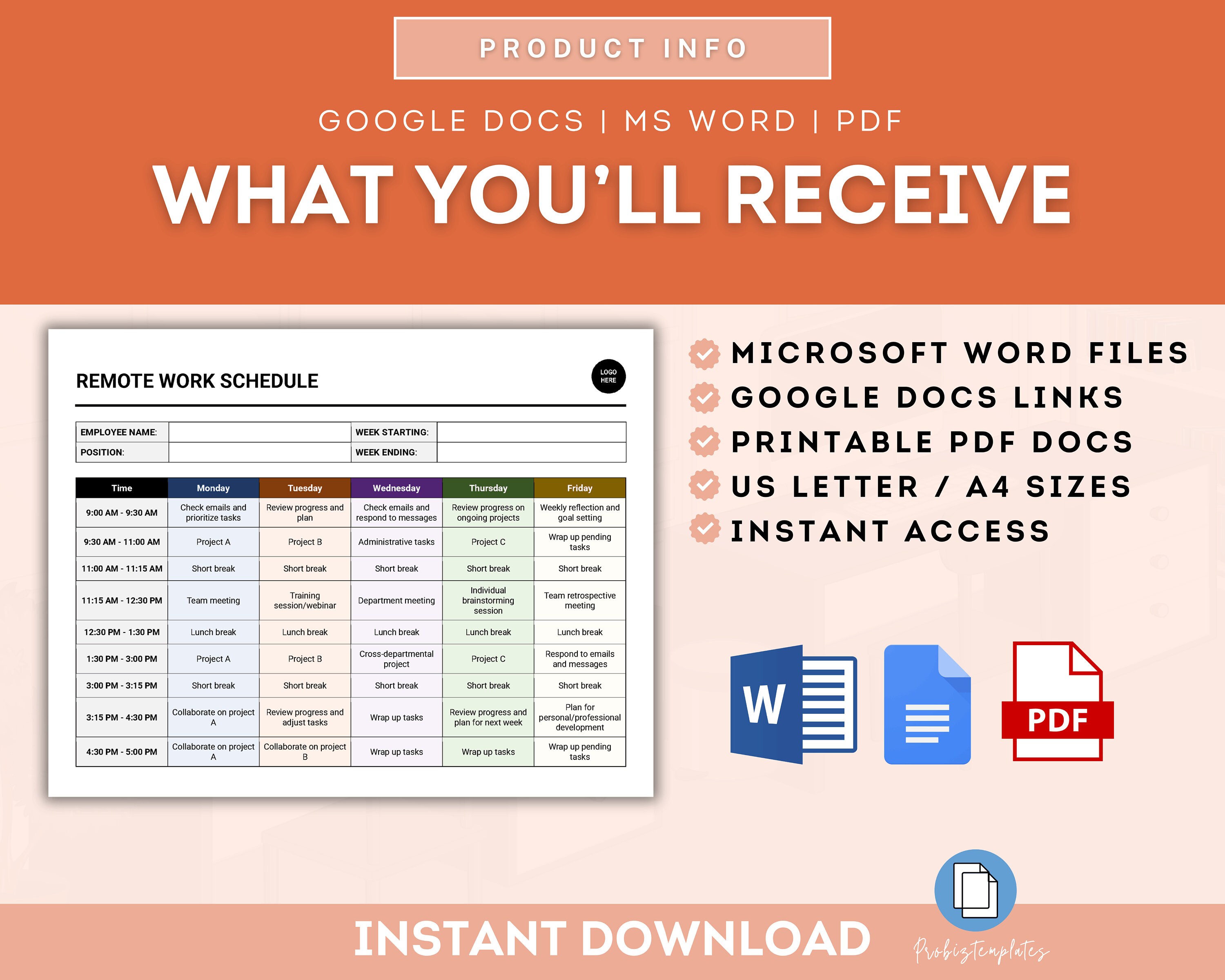 Remote Work Schedule Template, Virtual Work Timetable, Telecommuting ...