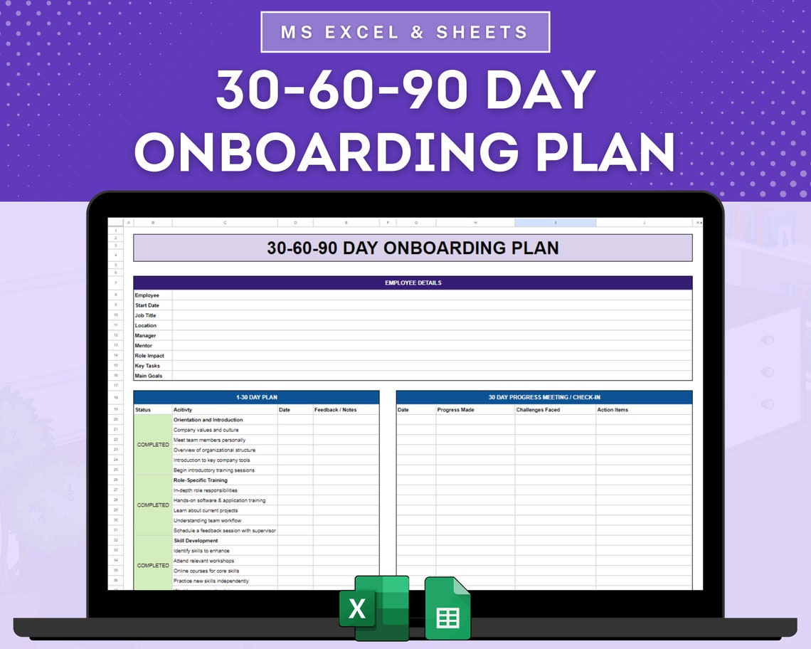 Employee 30-60-90 Day Onboarding Plan Spreadsheet Template, New Hire ...