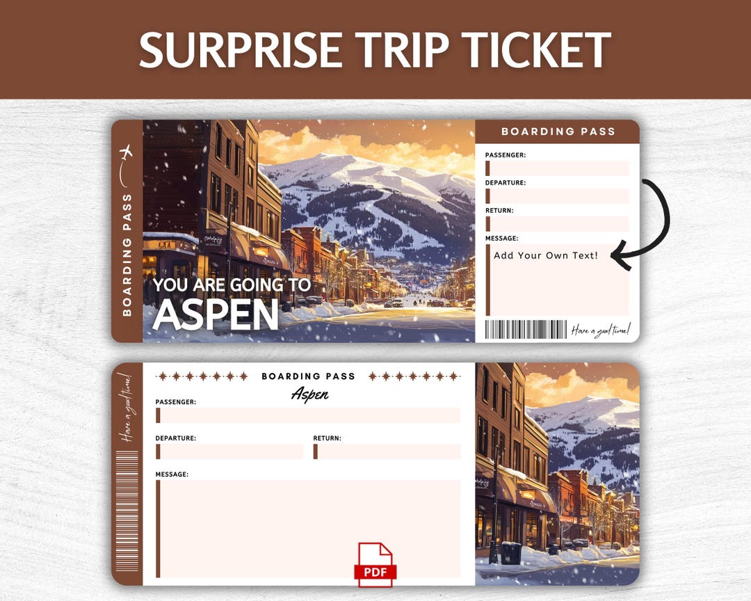 Printable Aspen Surprise Gift Ticket, Editable Colorado Boarding Pass ...