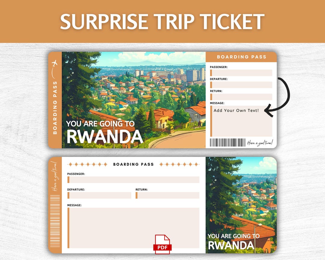 Printable Rwanda Surprise Gift Ticket, Editable Kigali Vacation ...