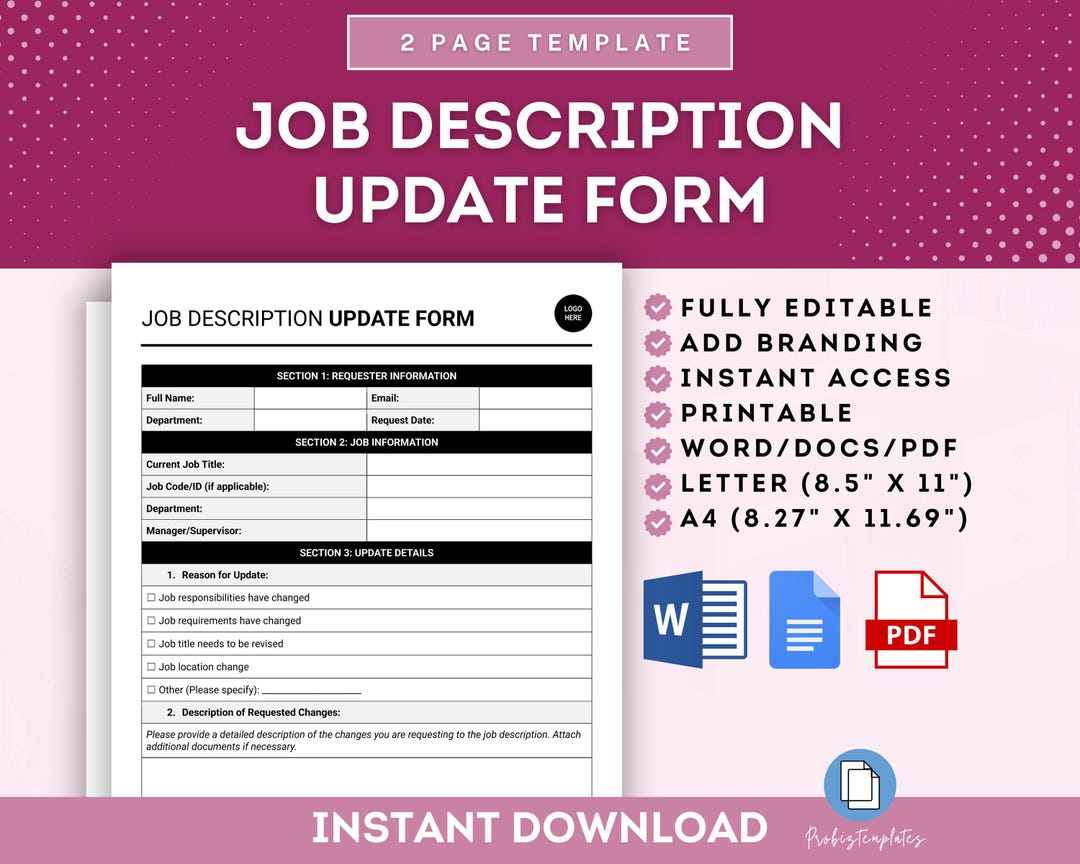 Job Description Update Form Template, Job Role Update Form, Position ...