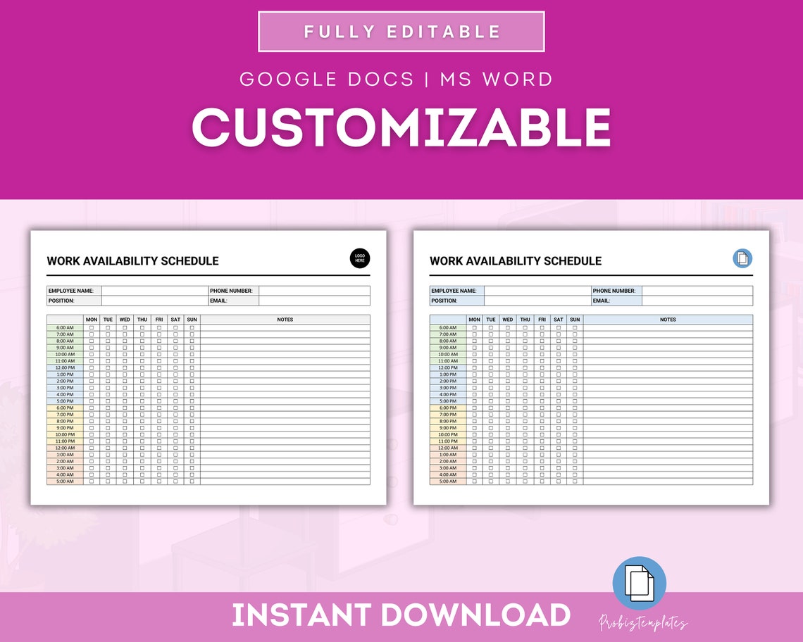 Work Availability Schedule Sheet, Work Availability Tracker, Shift ...