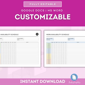 Work Availability Schedule Sheet, Work Availability Tracker, Shift ...