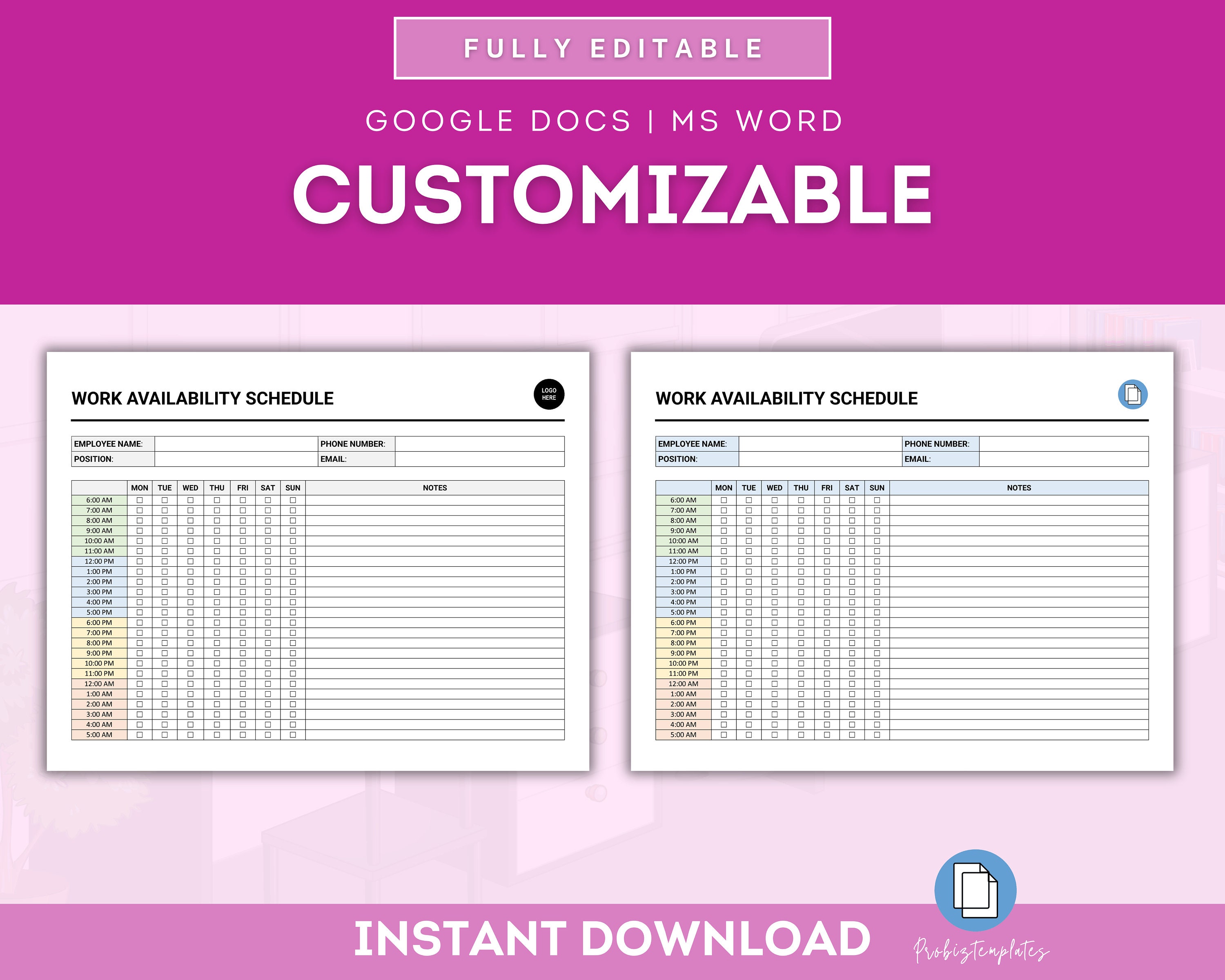 Work Availability Schedule Sheet, Work Availability Tracker, Shift ...