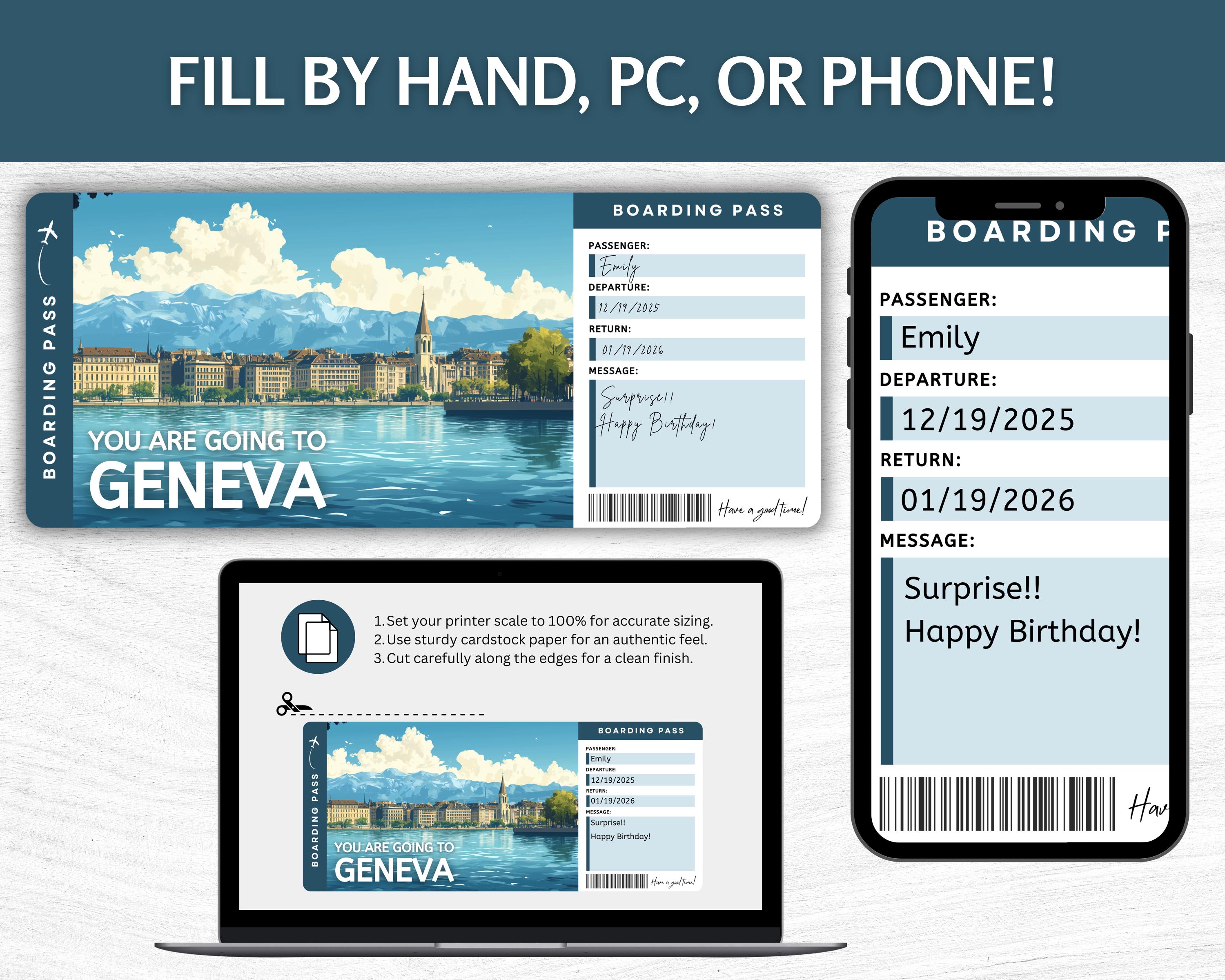 Printable Geneva Surprise Gift Ticket, Editable Switzerland Vacation ...