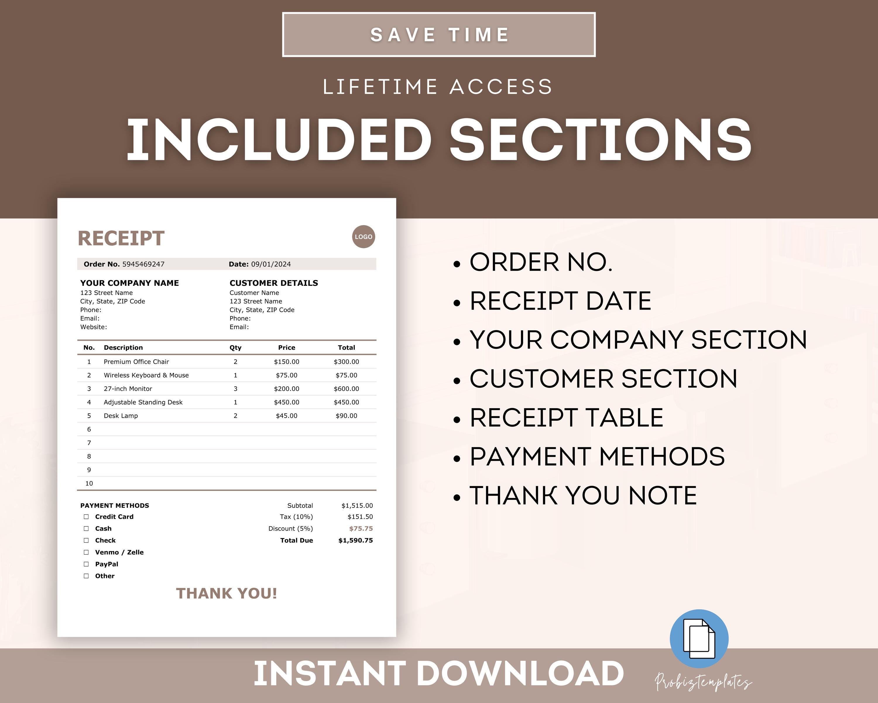 Receipt Template, Customizable Payment Receipt Form, Professional ...