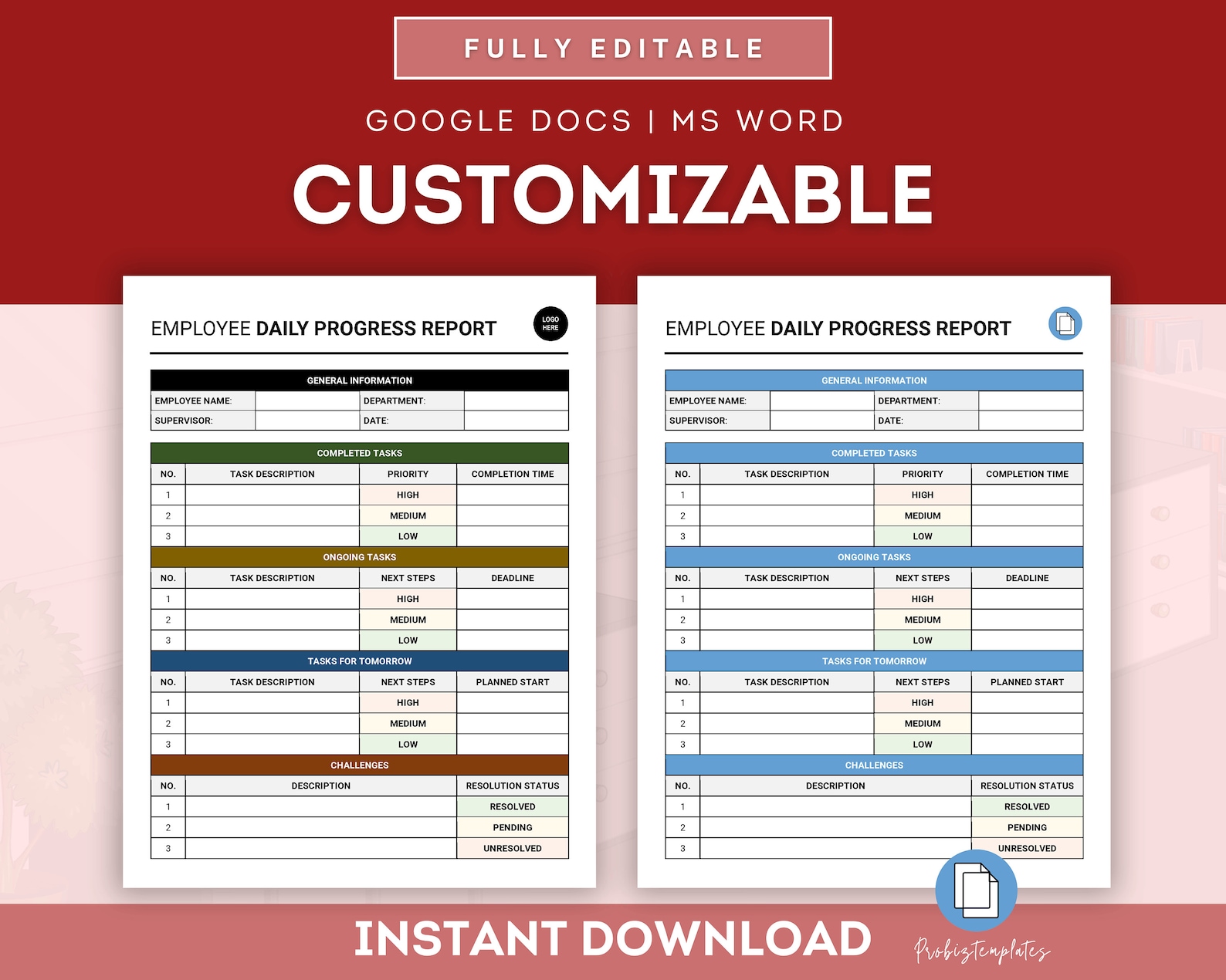Employee Daily & Weekly Progress Report Template, Employee Daily and ...