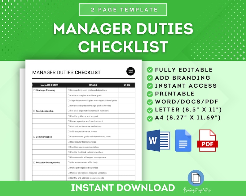 Manager Duties Checklist, Supervisor Duties Checklist, Manager ...