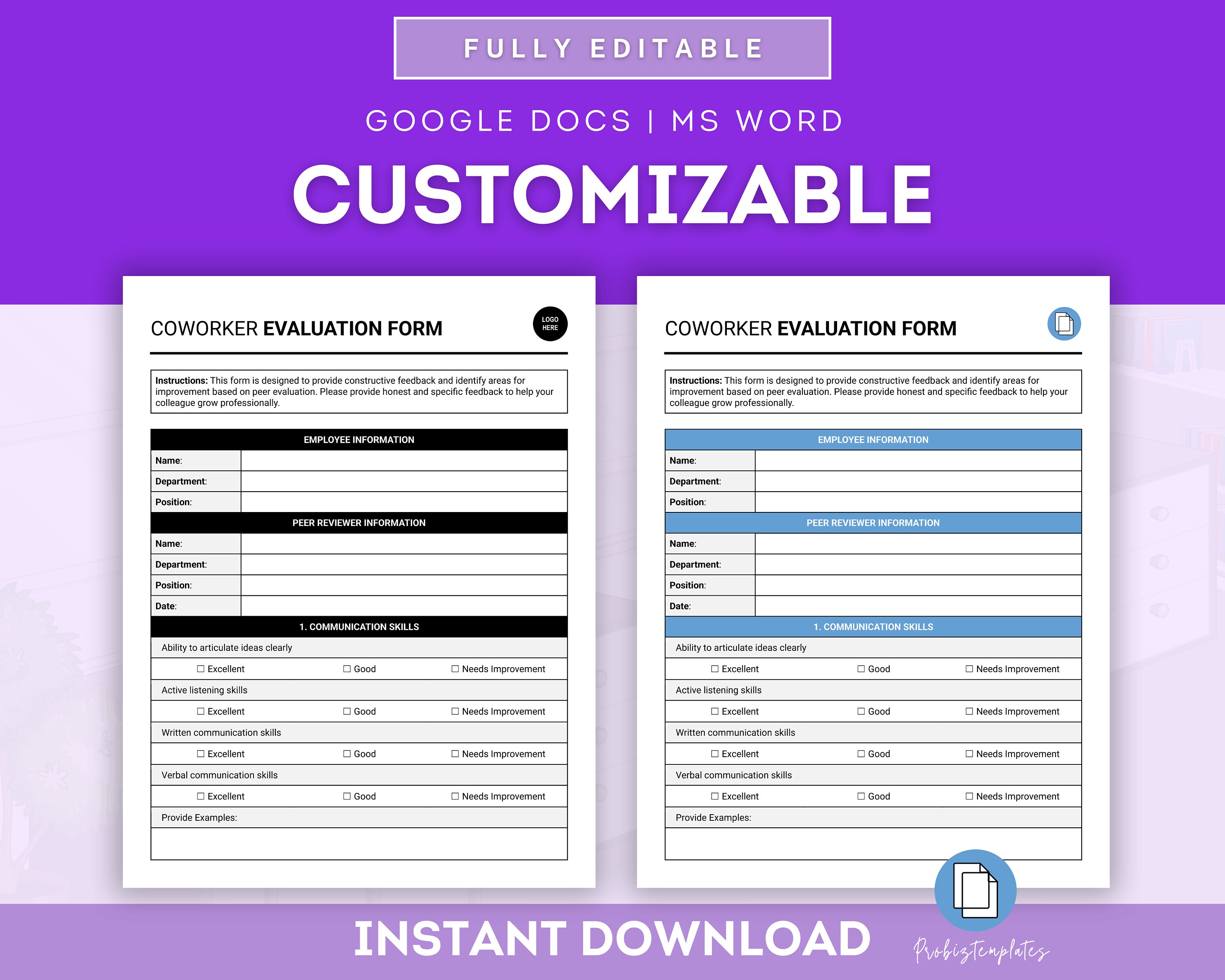 Coworker Evaluation Form Template, Peer Review Form, Colleague ...