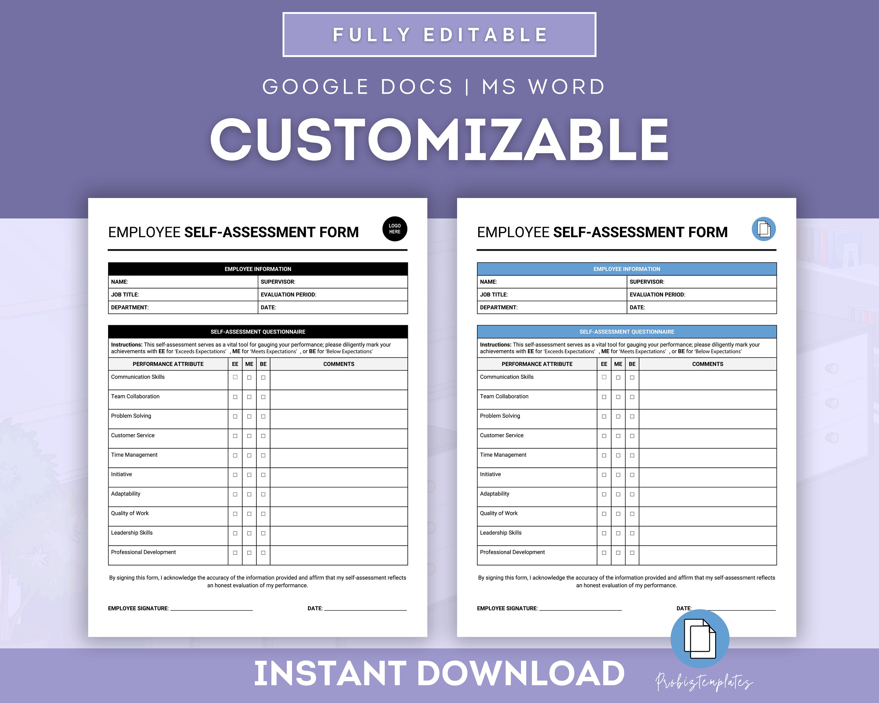 Employee Self-assessment Form, Performance Review Template, Employee ...