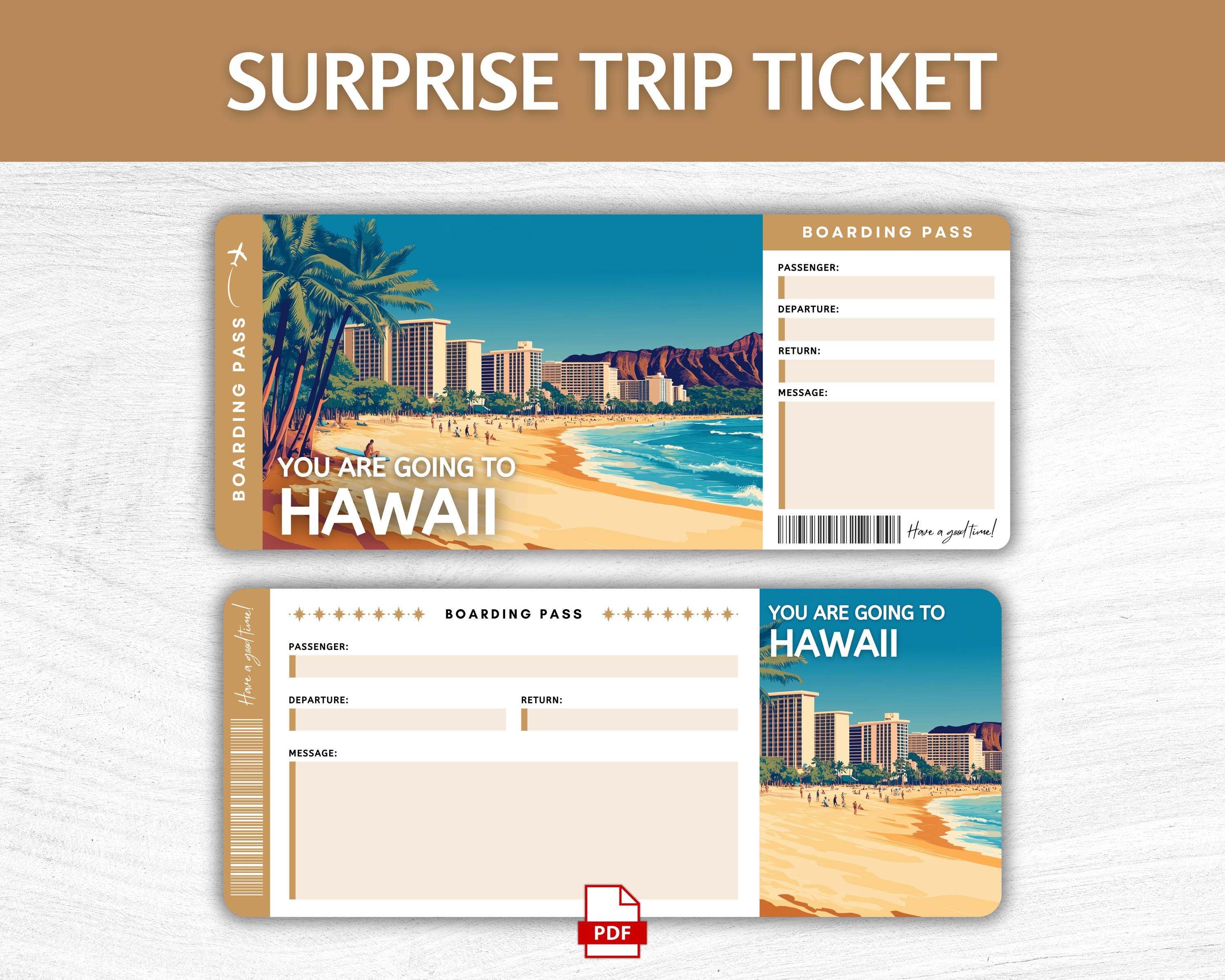 Printable Hawaii Surprise Gift Ticket, Editable Honolulu Boarding Pass ...