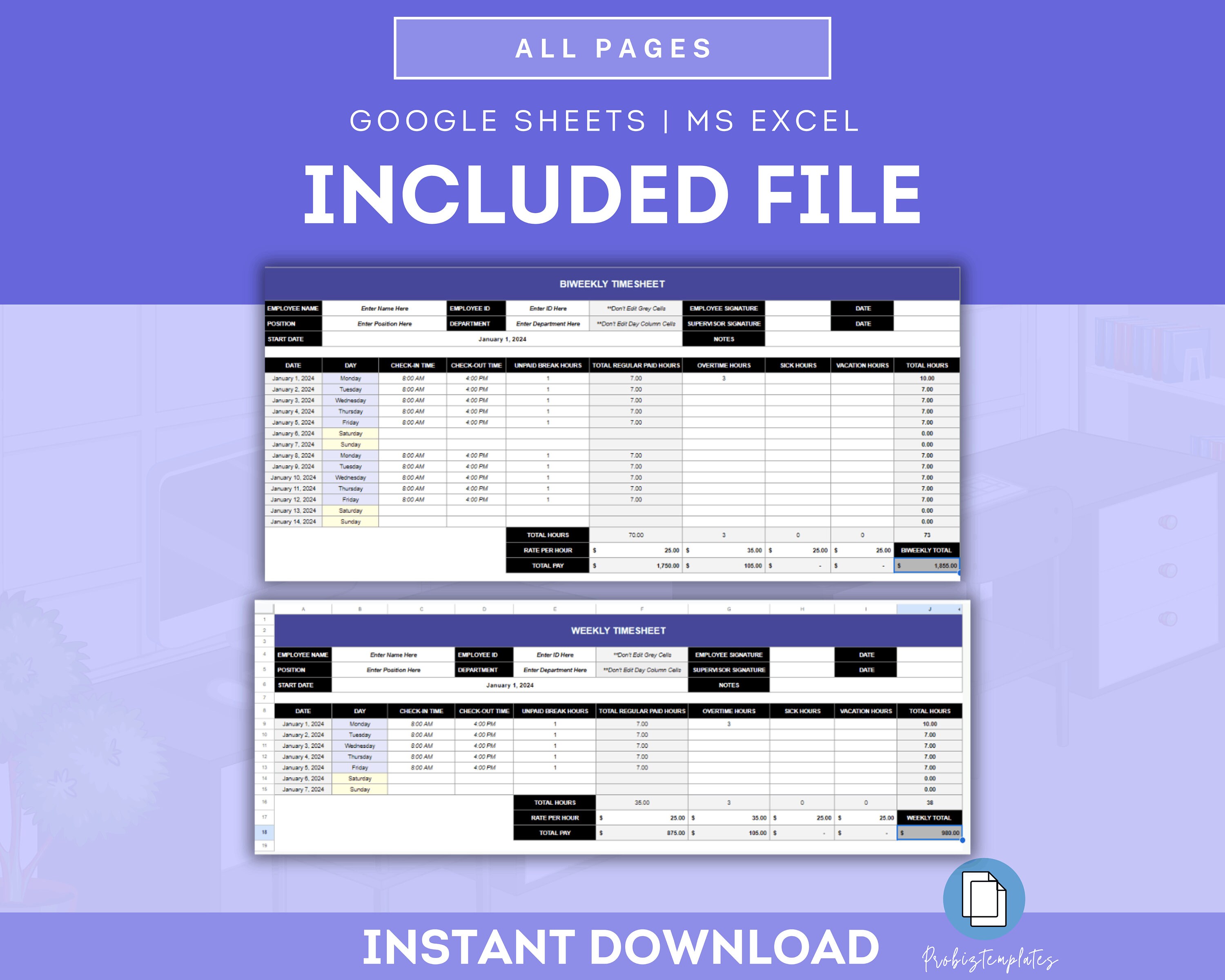 Employee Biweekly & Weekly Timesheet, Work Hours Record, Staff Hours ...