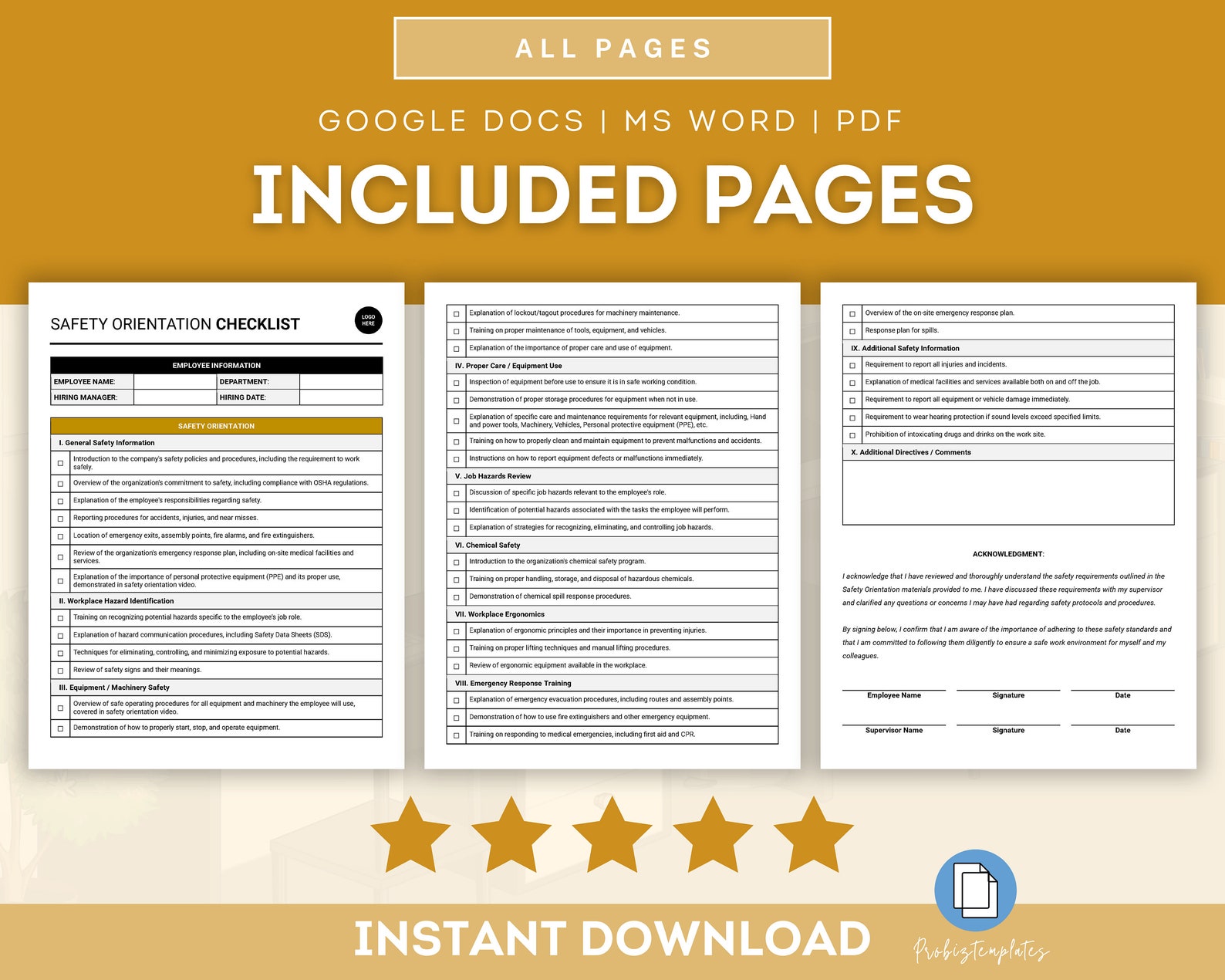 Safety Orientation Checklist, Workplace Safety Introduction Checklist ...