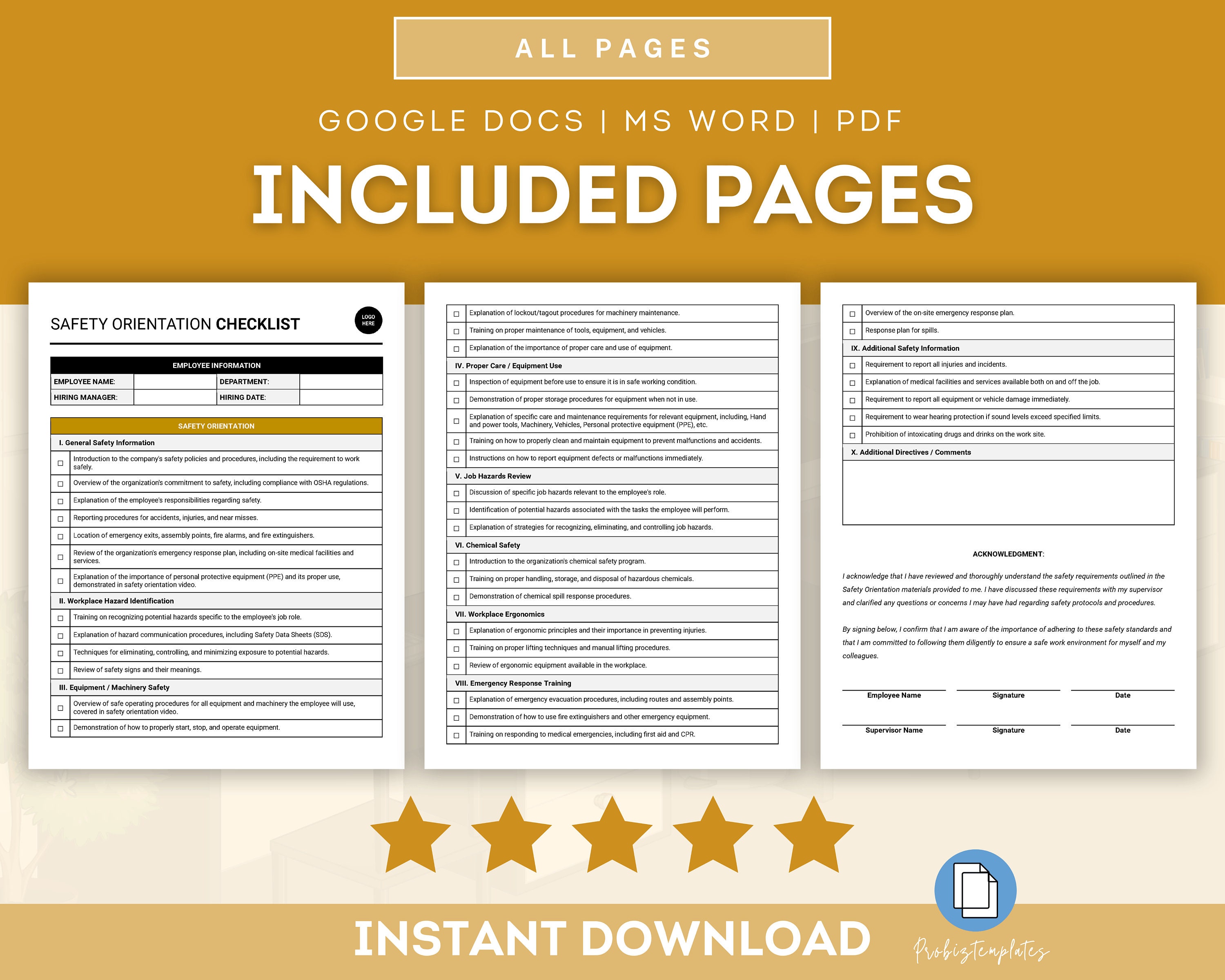 Safety Orientation Checklist, Workplace Safety Introduction Checklist ...