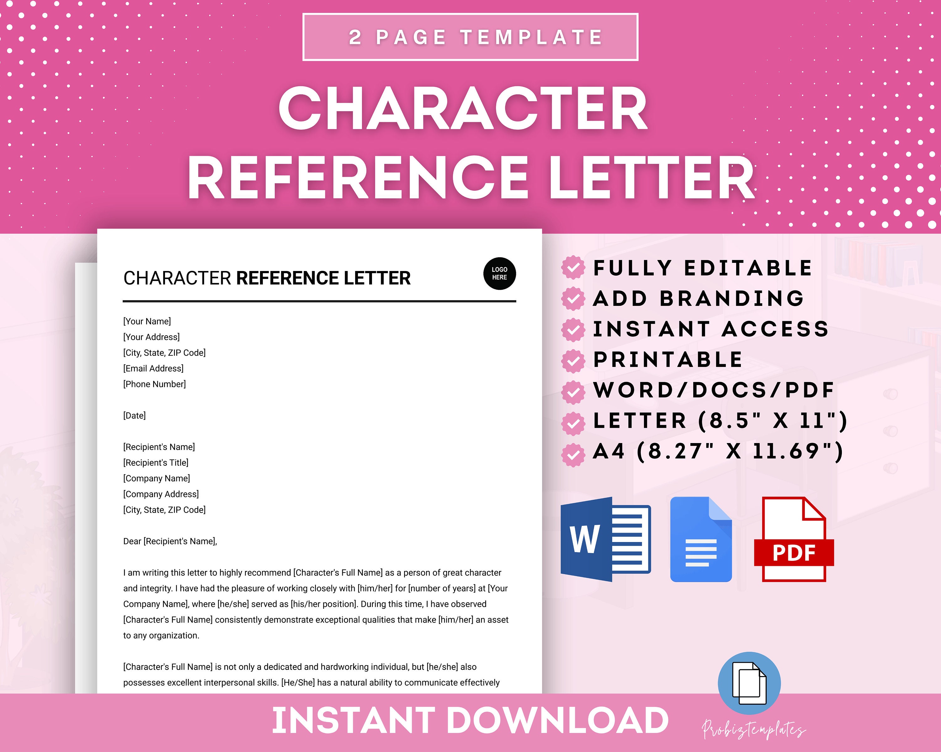 Character Reference Letter Template, Professional Character Reference ...