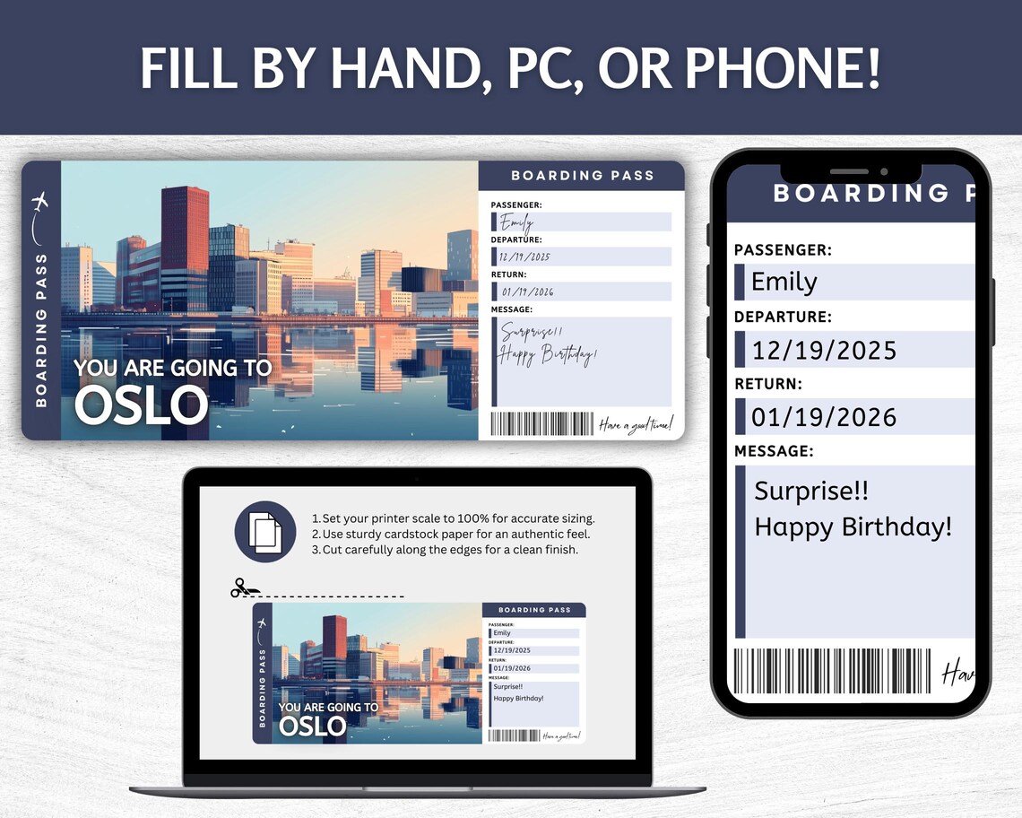 Printable Oslo Surprise Gift Ticket, Editable Norway Vacation Boarding ...