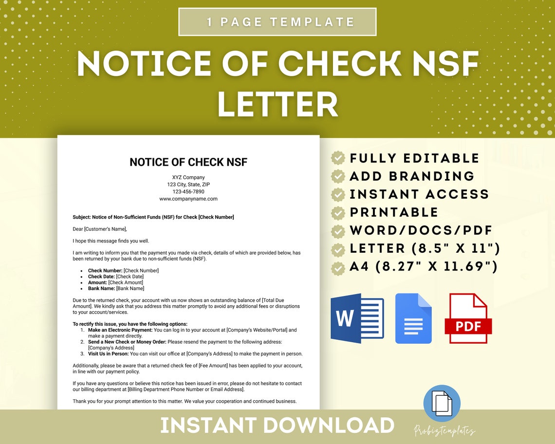 Notice of Check NSF Letter, Non-sufficient Funds Check Notice, Bounced ...