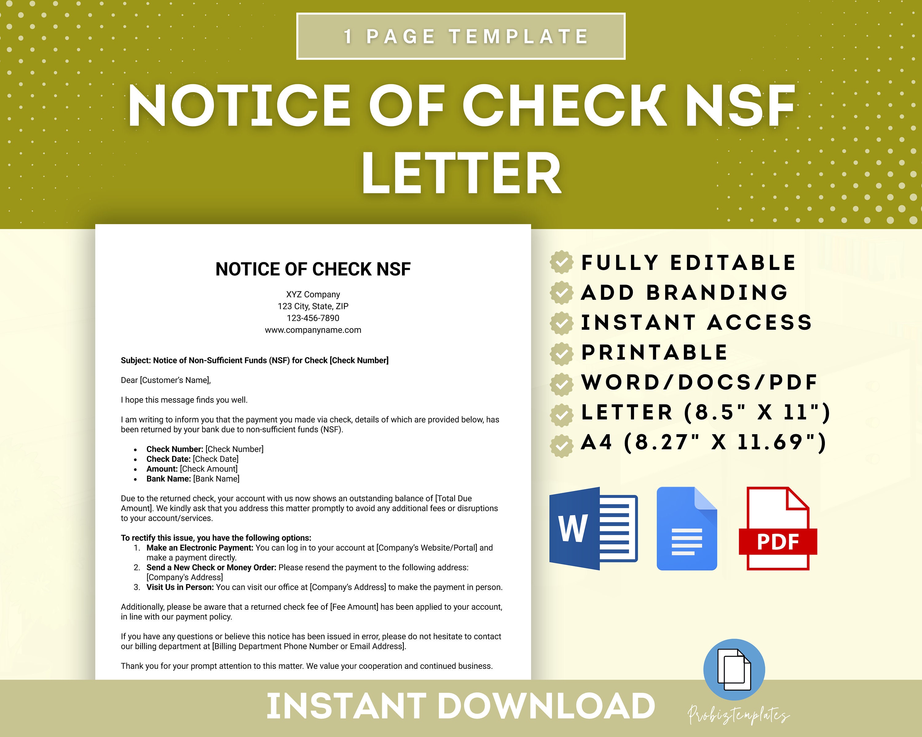 Notice of Check NSF Letter, Non-sufficient Funds Check Notice, Bounced ...