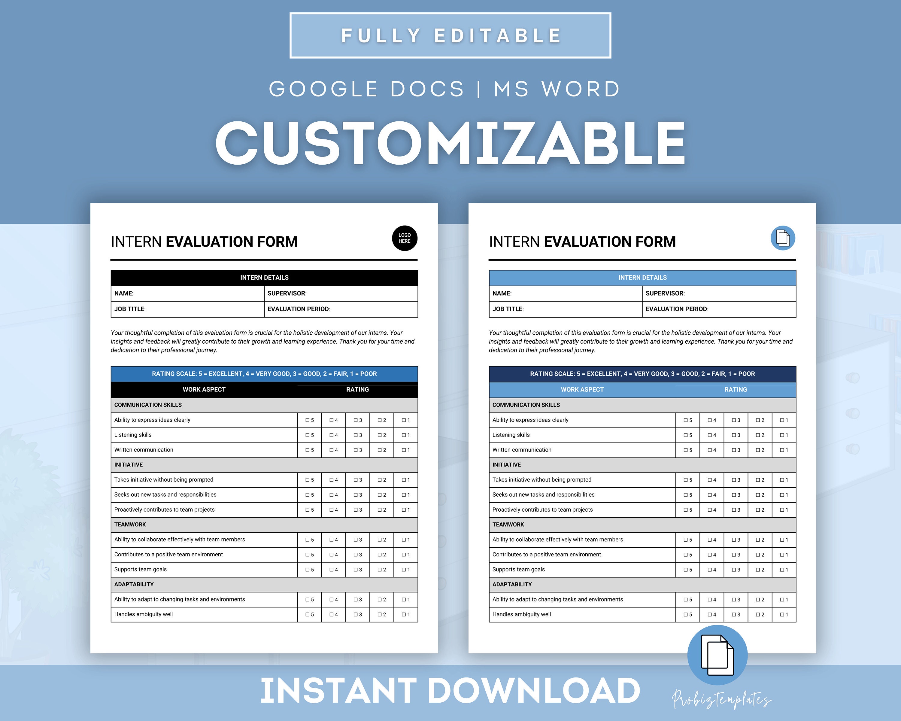 Intern Evaluation Form, Student Intern Assessment, Intern Performance ...