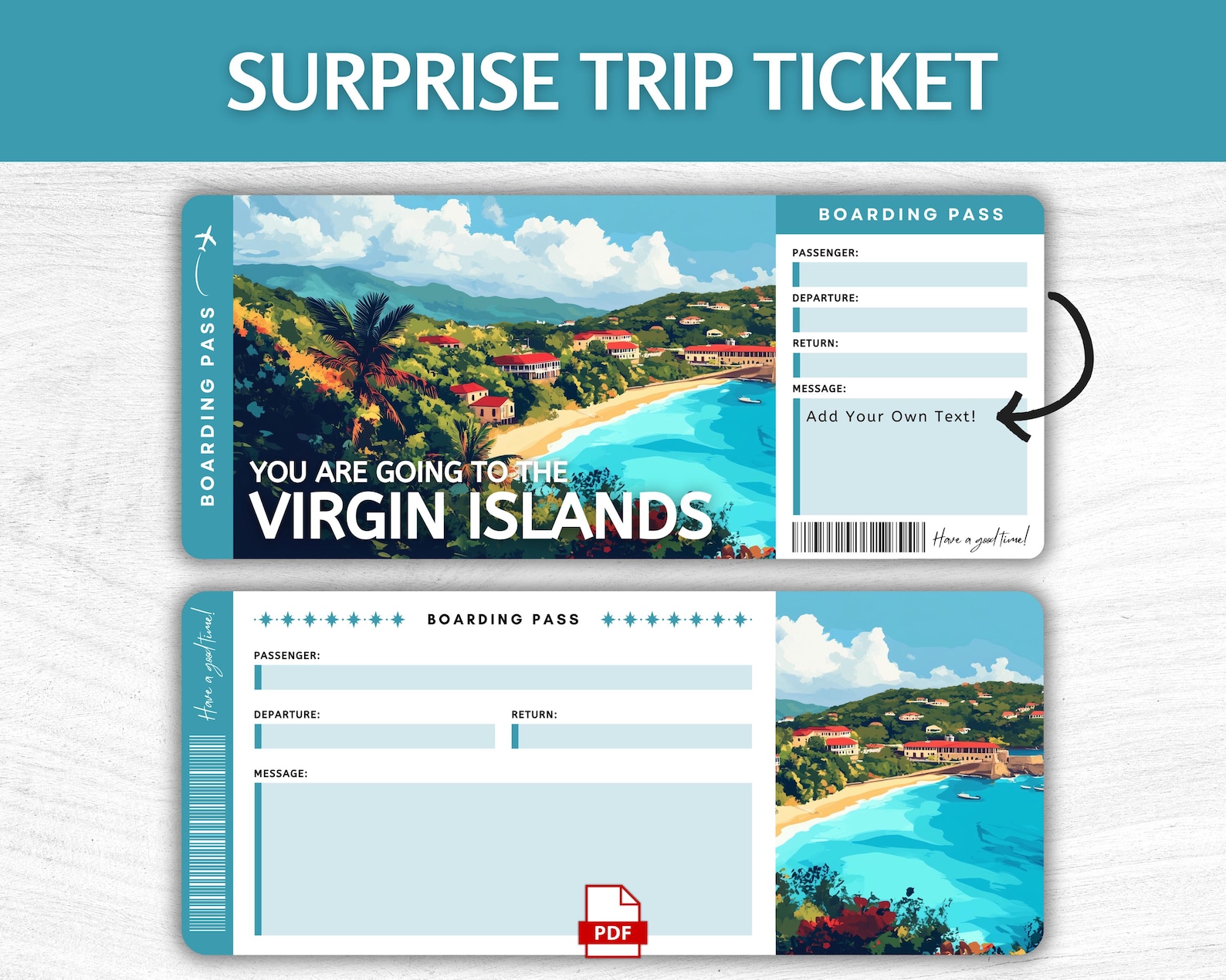 Printable Virgin Islands Surprise Gift Ticket, Editable Island Vacation ...