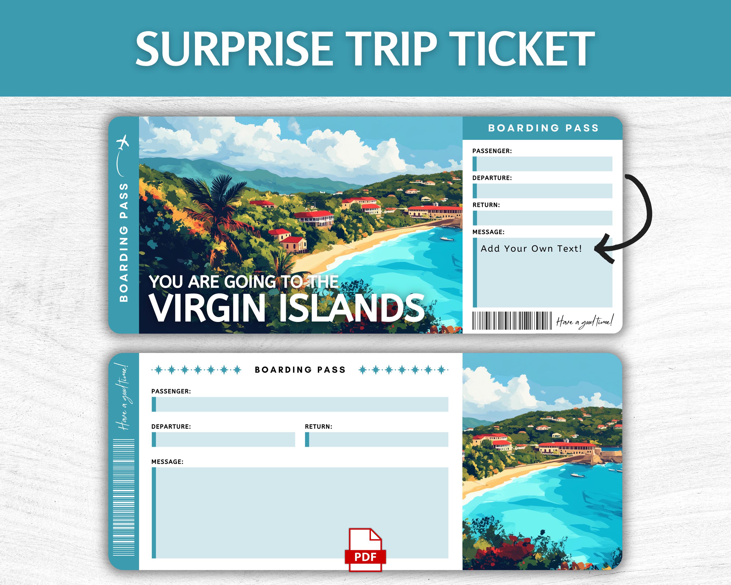 Printable Virgin Islands Surprise Gift Ticket, Editable Island Vacation ...