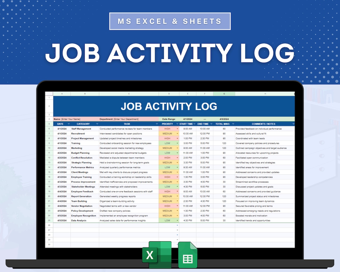 Job Activity Log Template, Work Task Tracker, Daily Work Journal ...