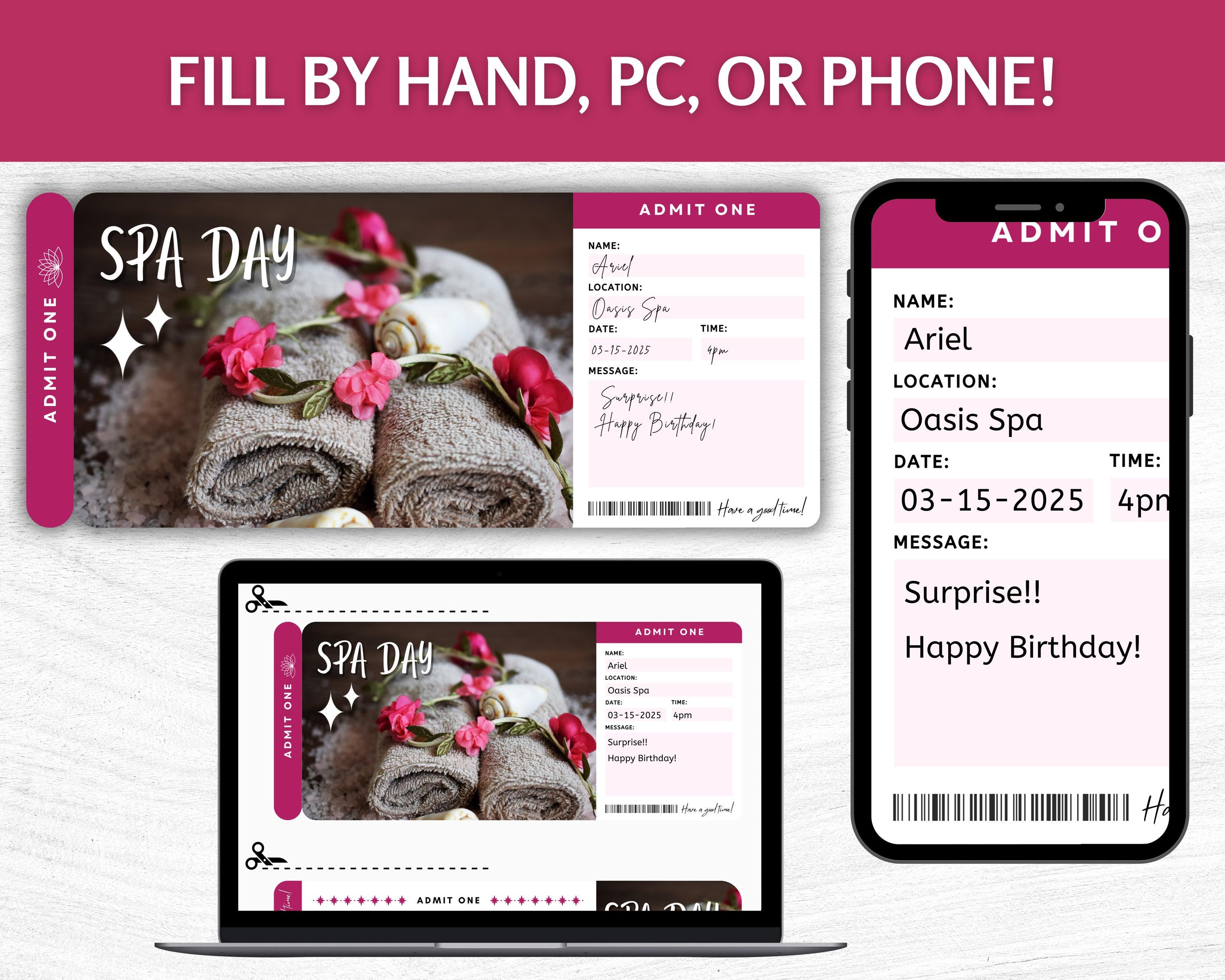 Printable Spa Day Gift Ticket, Editable Spa Gift Voucher, Custom Spa ...
