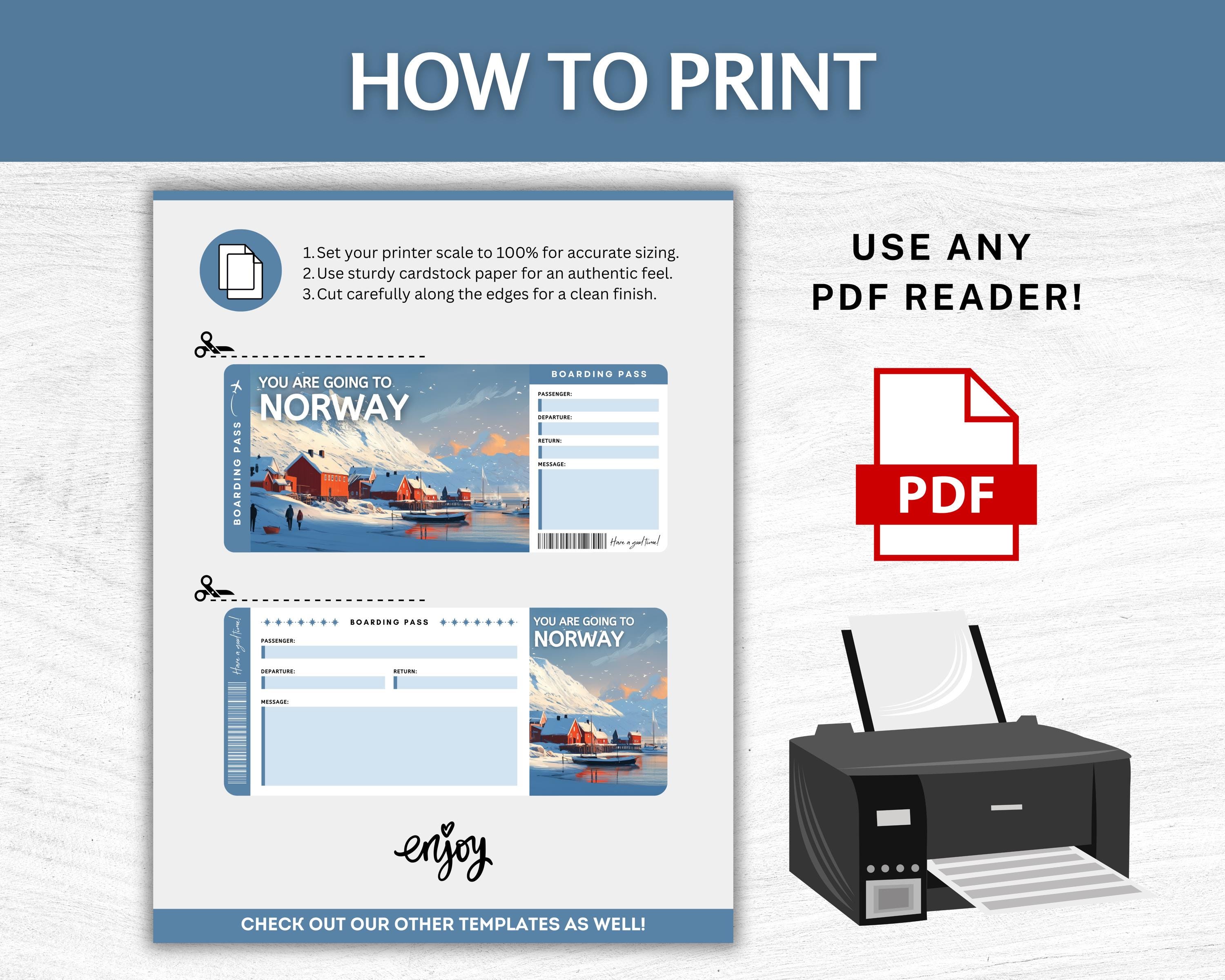 Printable Norway Surprise Gift Ticket, Editable Oslo Boarding Pass ...