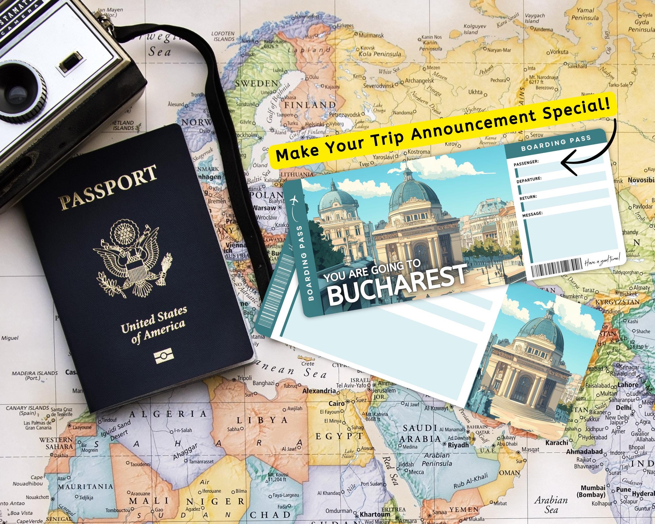 Printable Bucharest Surprise Gift Ticket, Editable Romania Boarding ...