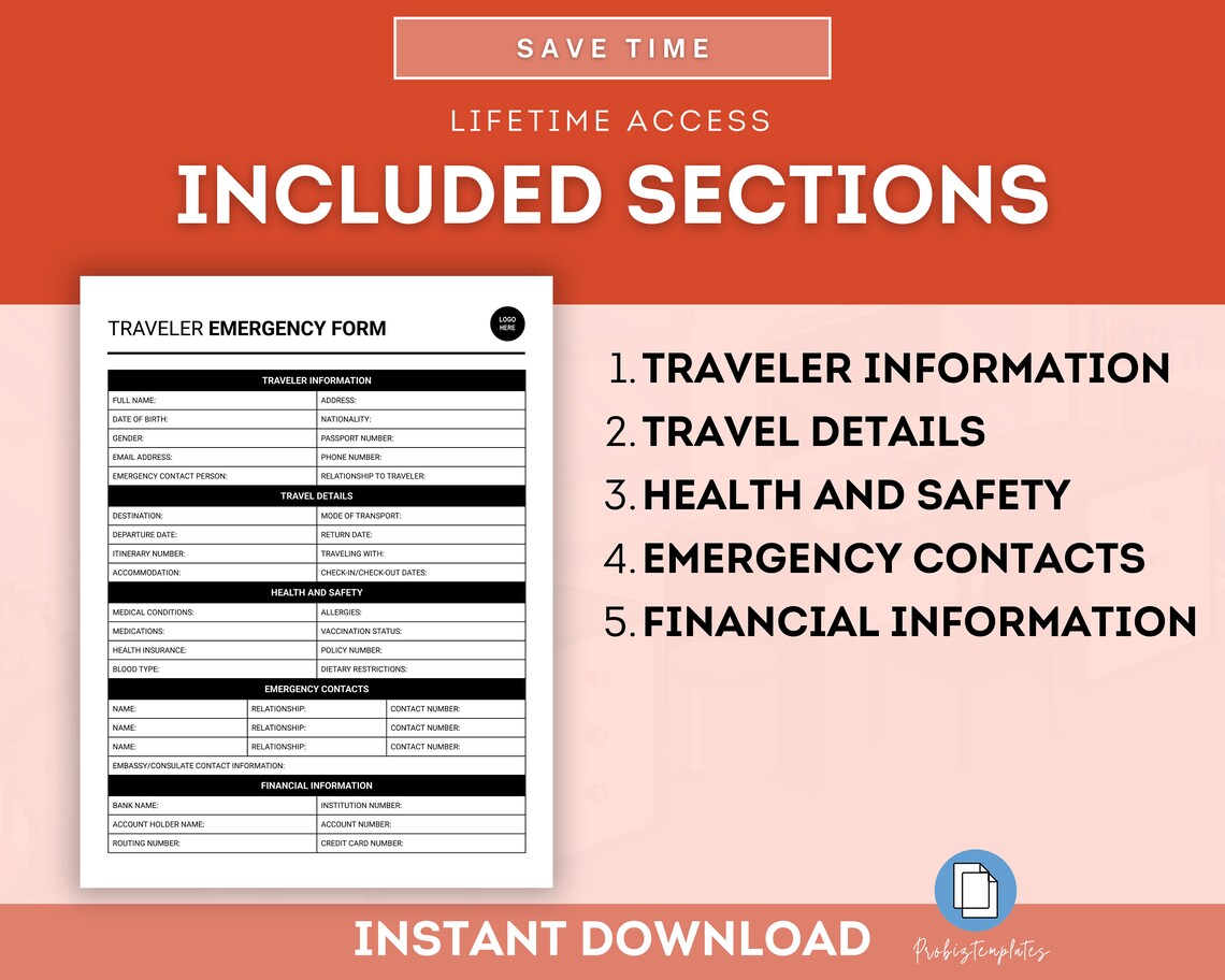 Traveler Emergency Form, Trip Emergency Information Sheet, Travel ...
