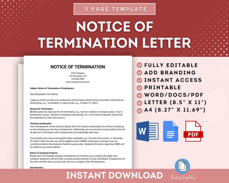 Notice of Termination Letter, Employment Termination Notice, Employee ...