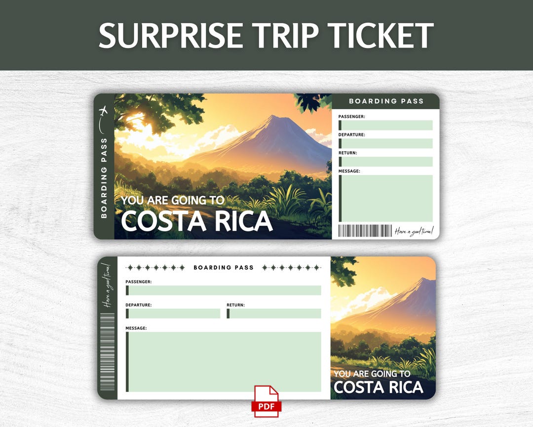 Printable Costa Rica Surprise Gift Ticket, Editable San Jose Boarding ...