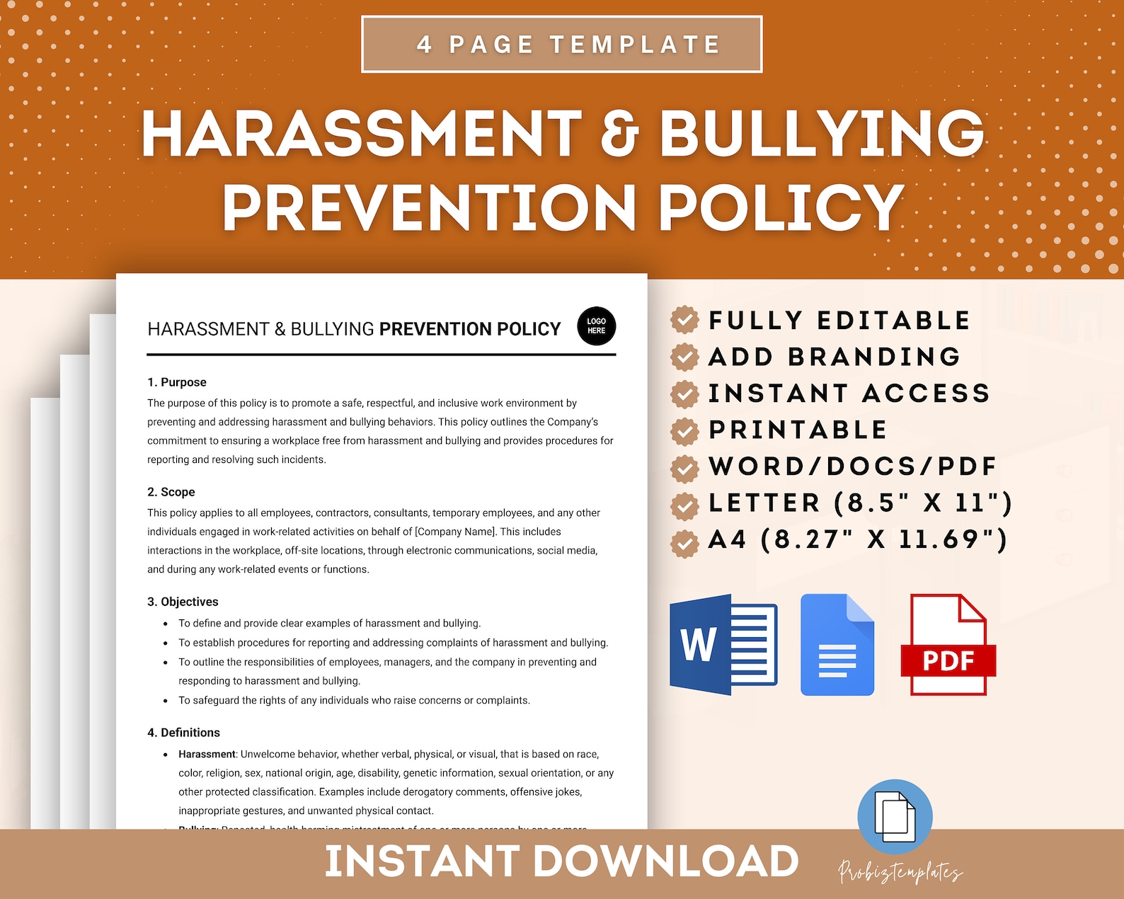 Harassment and Bullying Prevention Policy Template, Anti-bullying ...