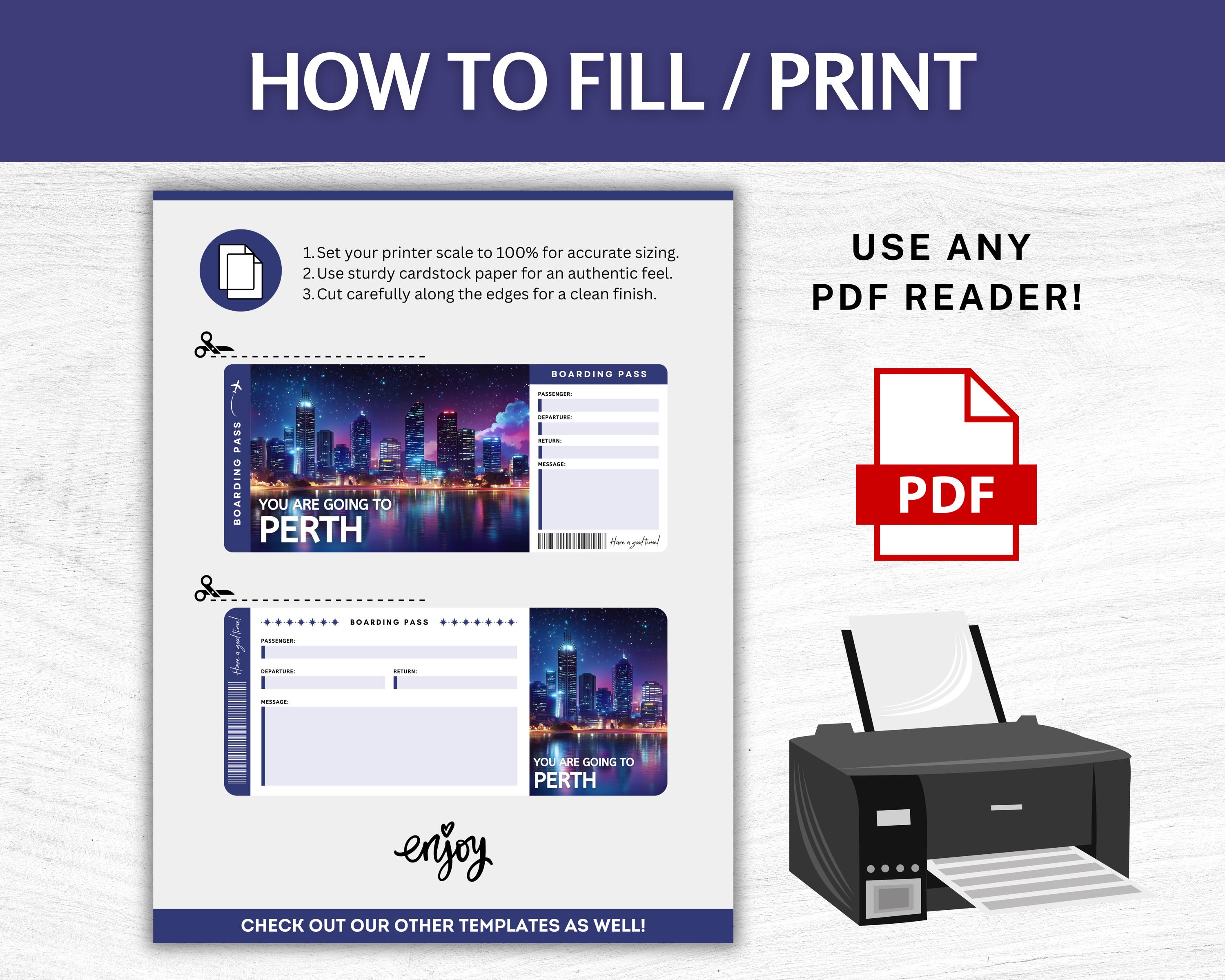 Printable Perth Surprise Gift Ticket, Editable Australia Vacation ...