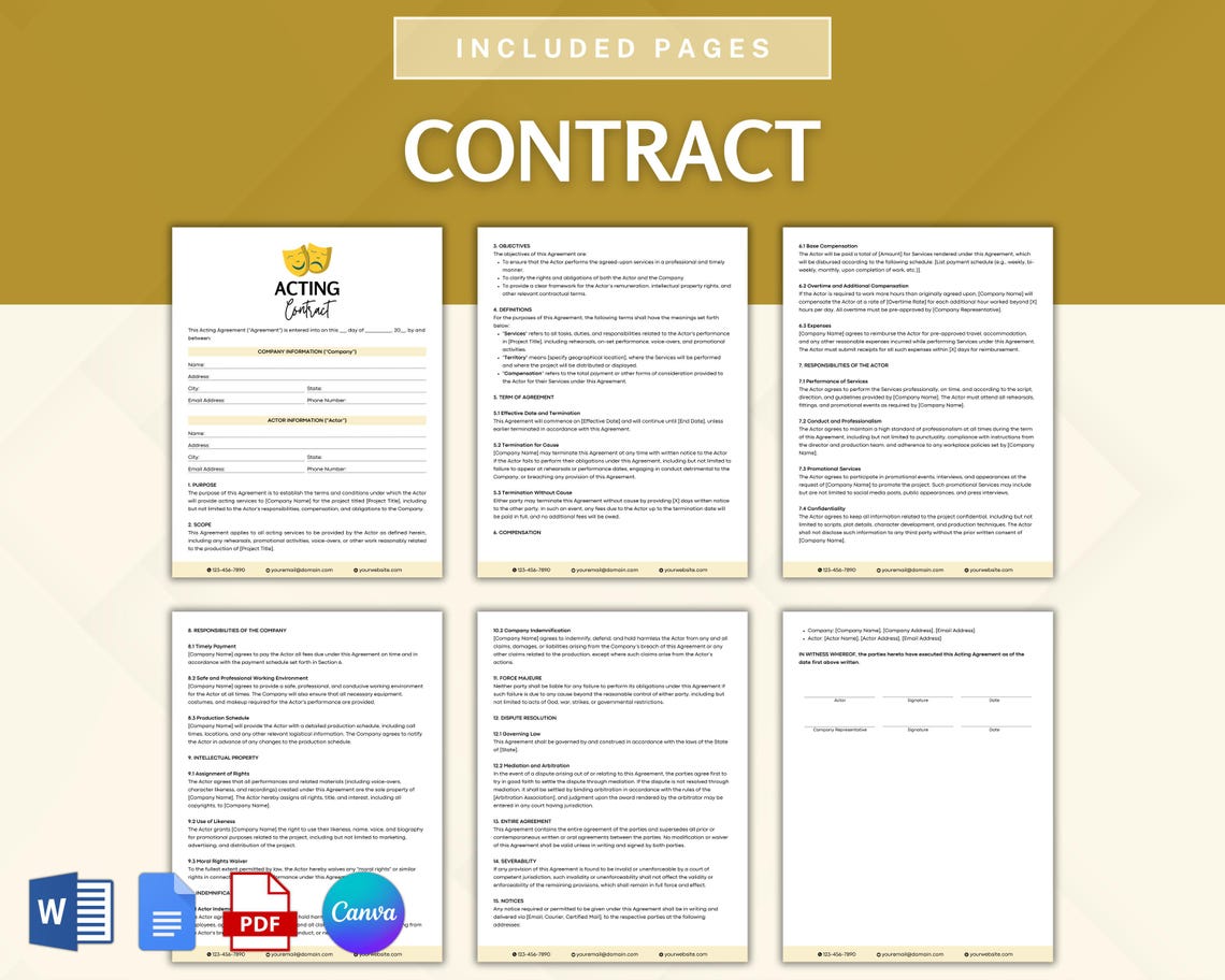 Acting Contract Bundle, Actor Agreement Template, Talent Contract ...