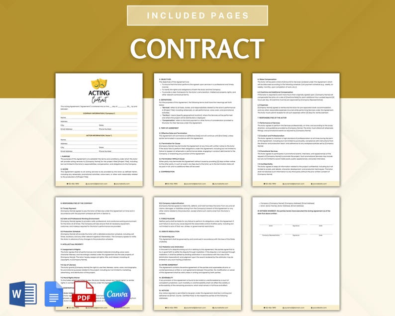Acting Contract Bundle, Actor Agreement Template, Talent Contract ...