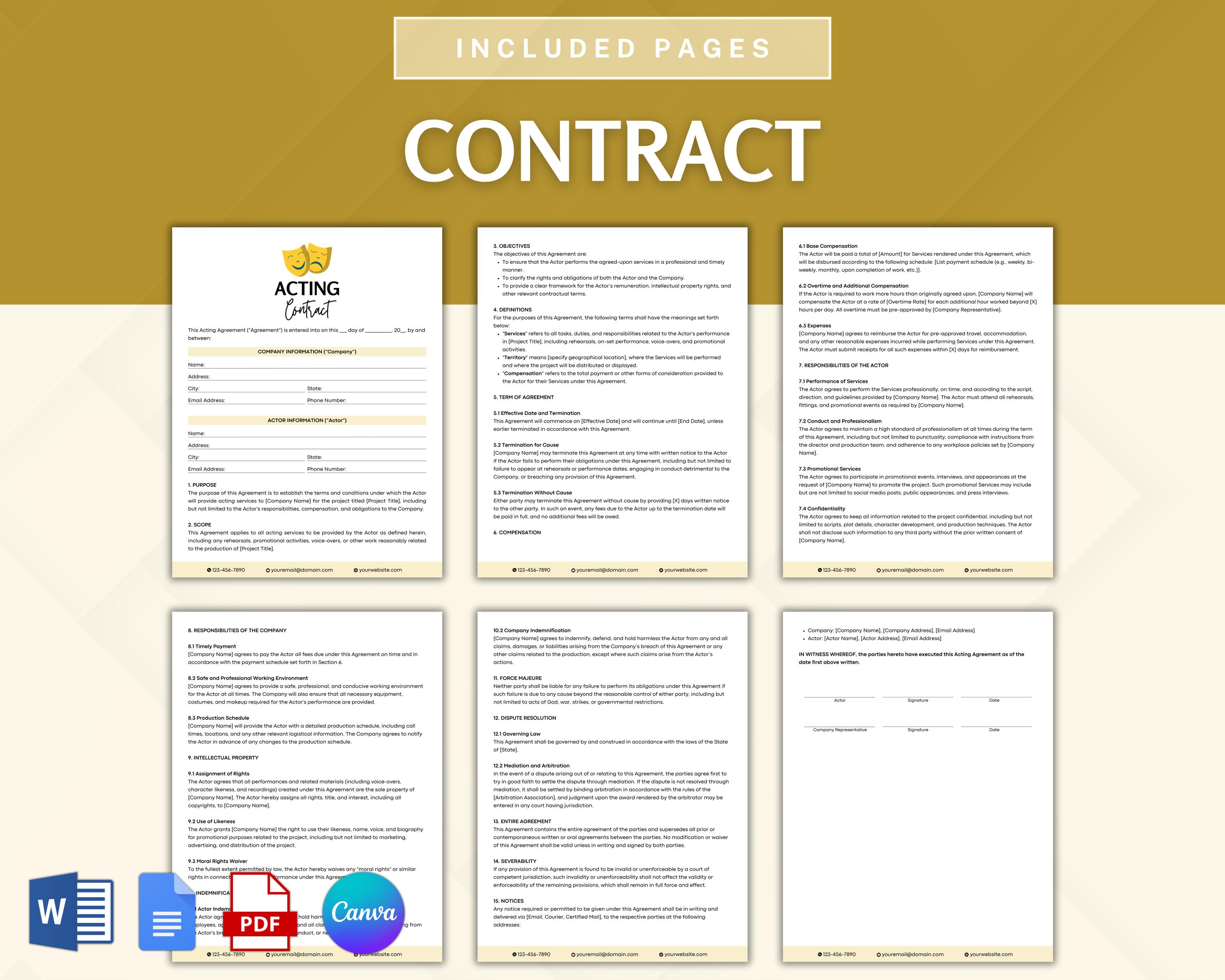 Acting Contract Bundle, Actor Agreement Template, Talent Contract ...
