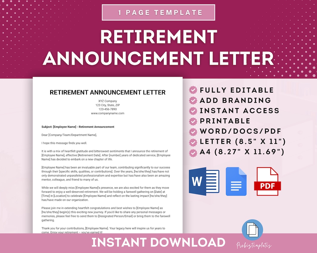 Retirement Announcement Letter Template, Employee Retirement ...