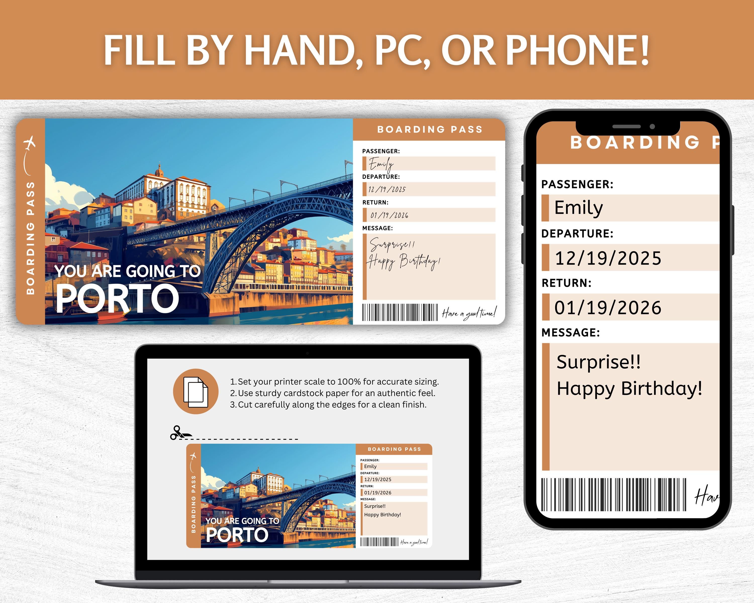 Printable Porto Surprise Gift Ticket, Editable Portugal Vacation ...