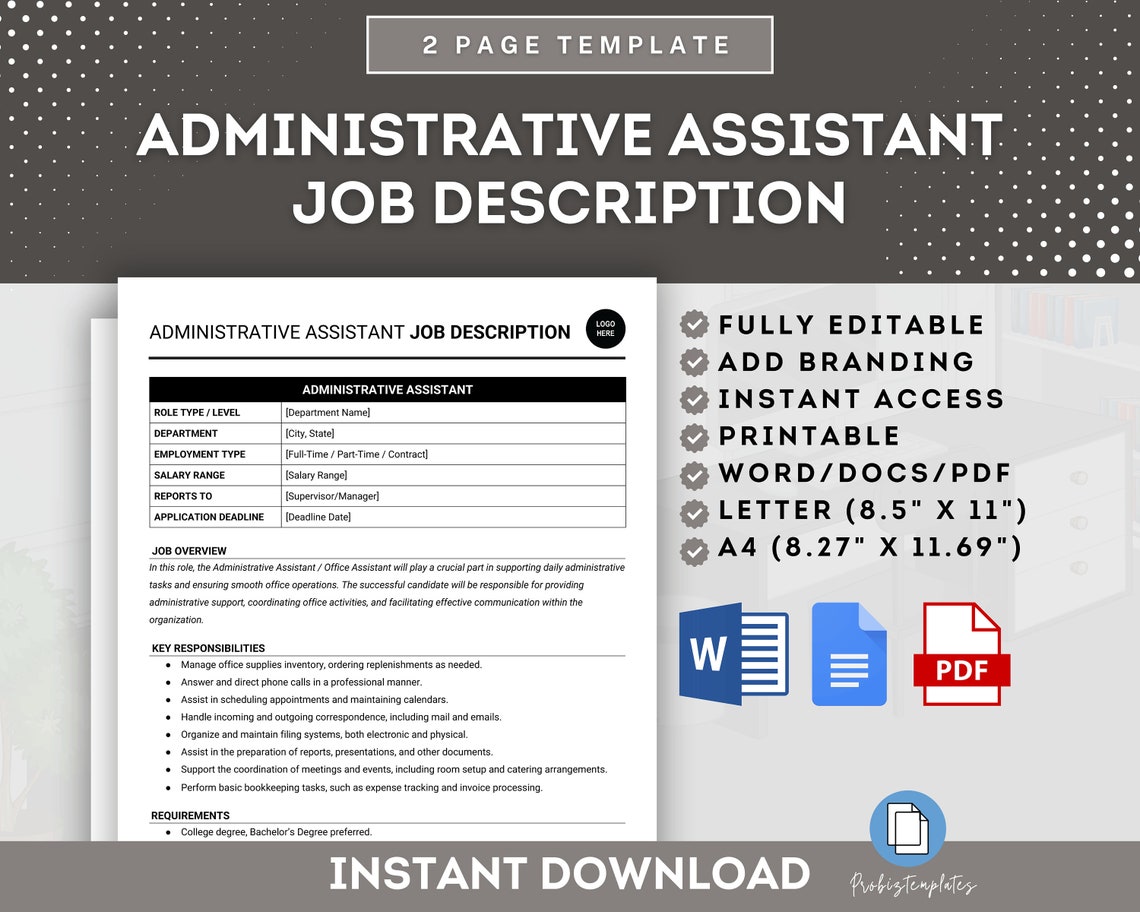 Administrative Assistant Office Administrator Job Description Template ...