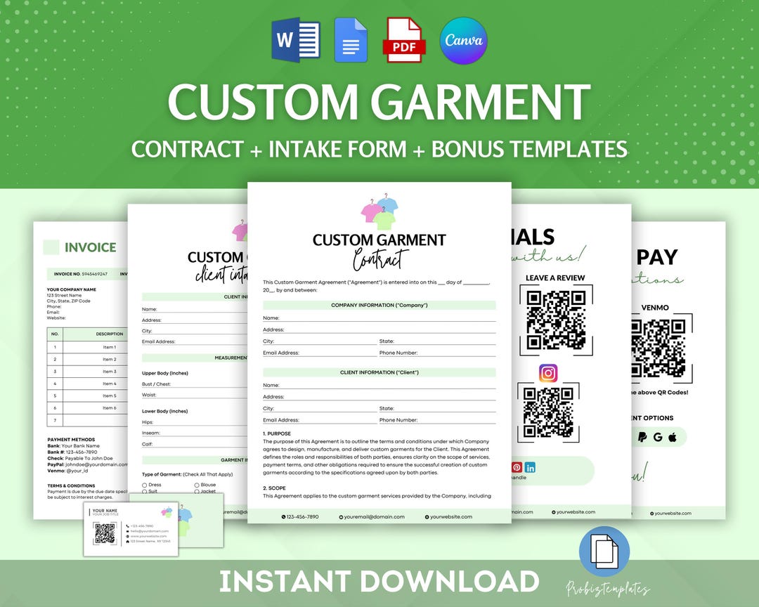 Custom Garment Services Contract Bundle, Sewing Agreement Template ...