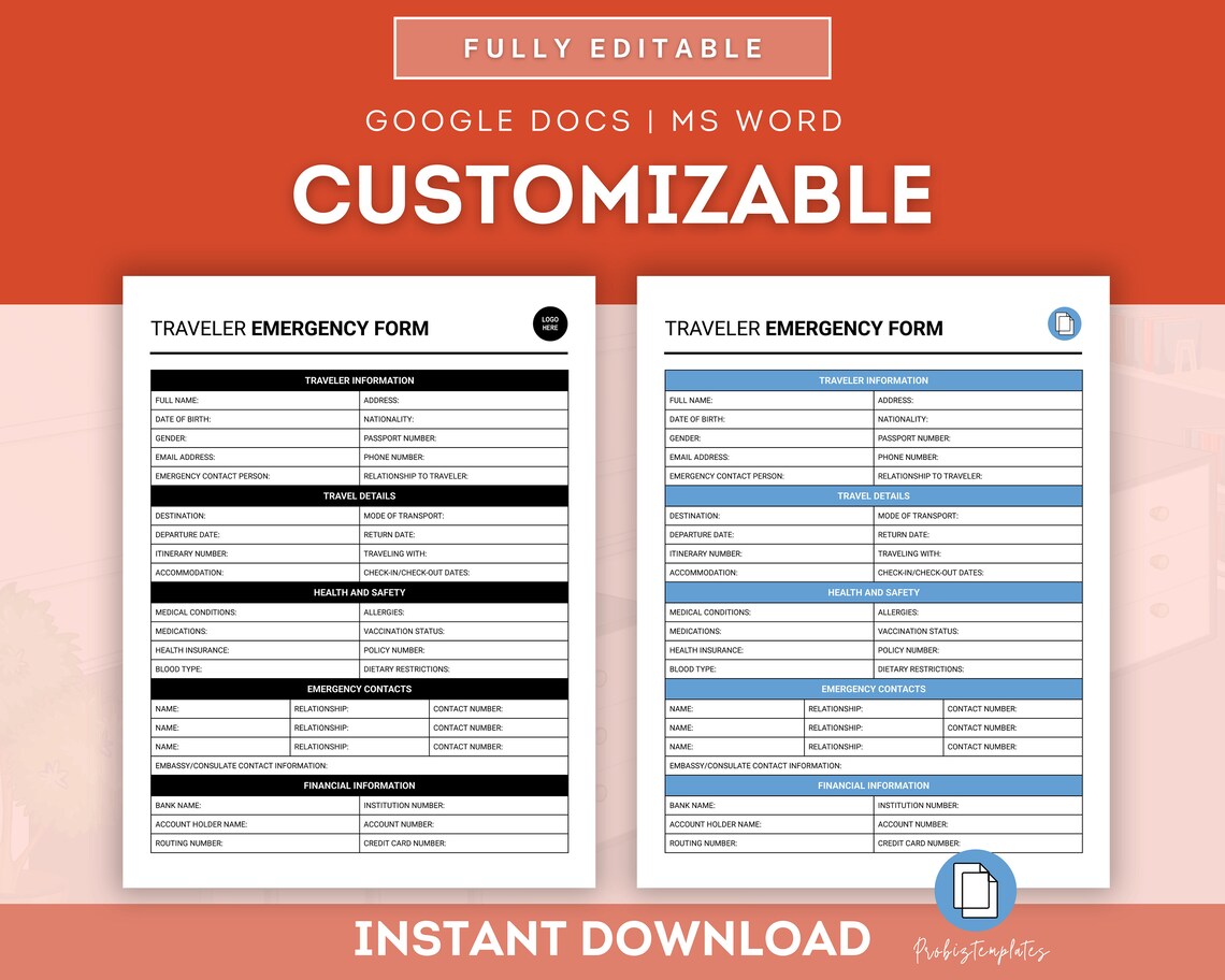 Traveler Emergency Form, Trip Emergency Information Sheet, Travel ...